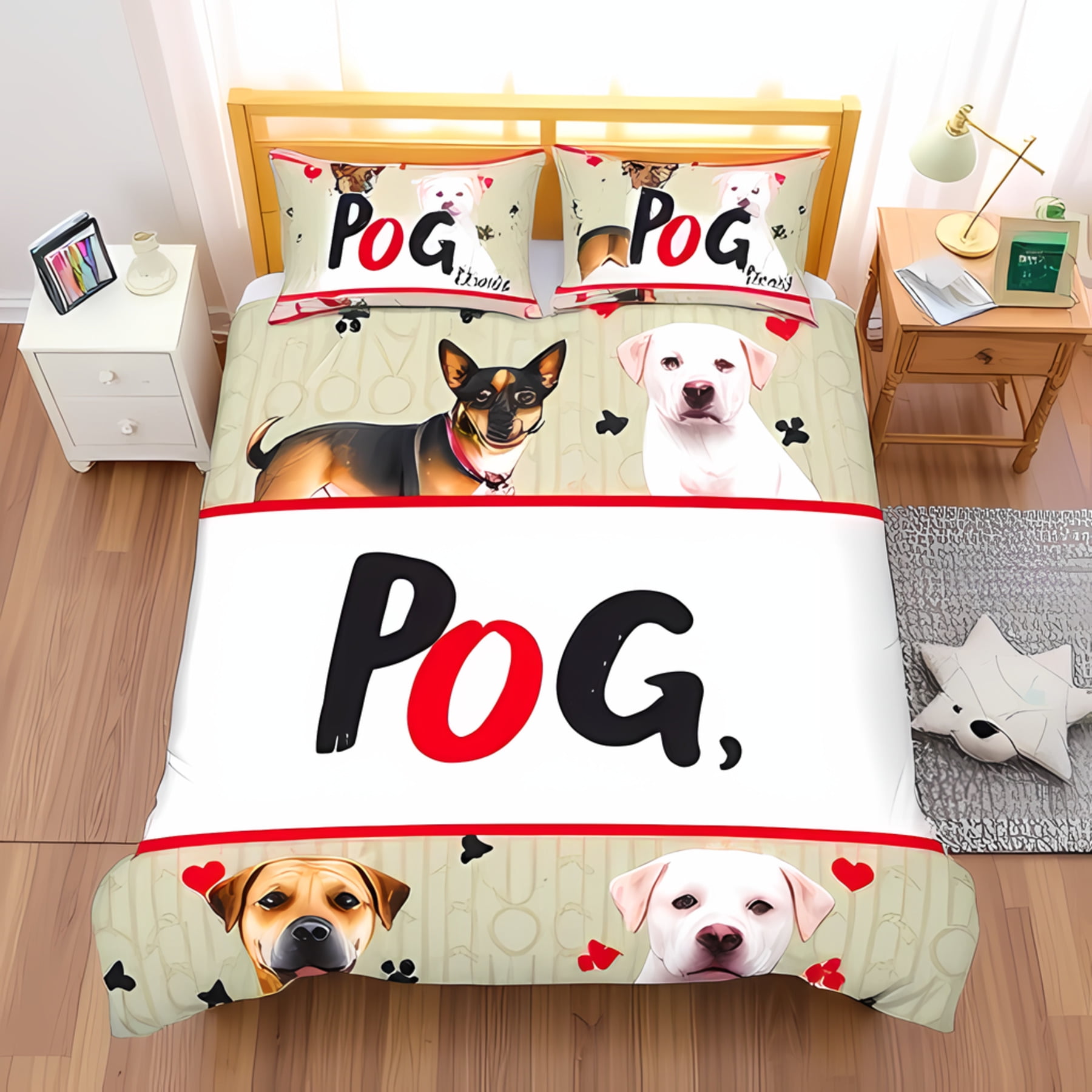 3-Piece Dog Lover's Duvet Cover Set - Beige with Playful Dog Breeds & POG Adorable Canine ...
