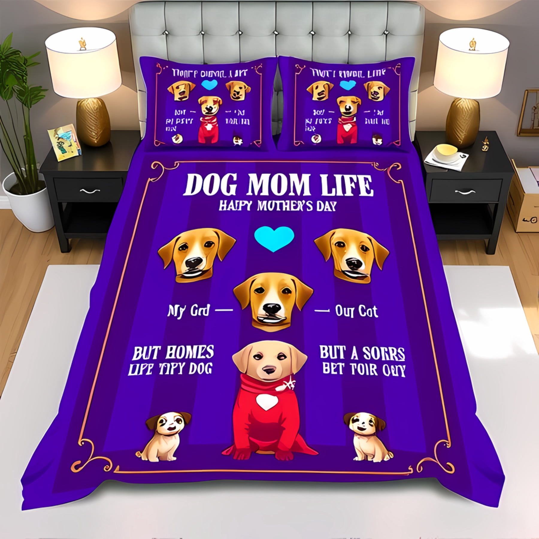 3-Piece Dog Mom Life Duvet Cover Set - Vibrant Purple with Cartoon Dogs ...