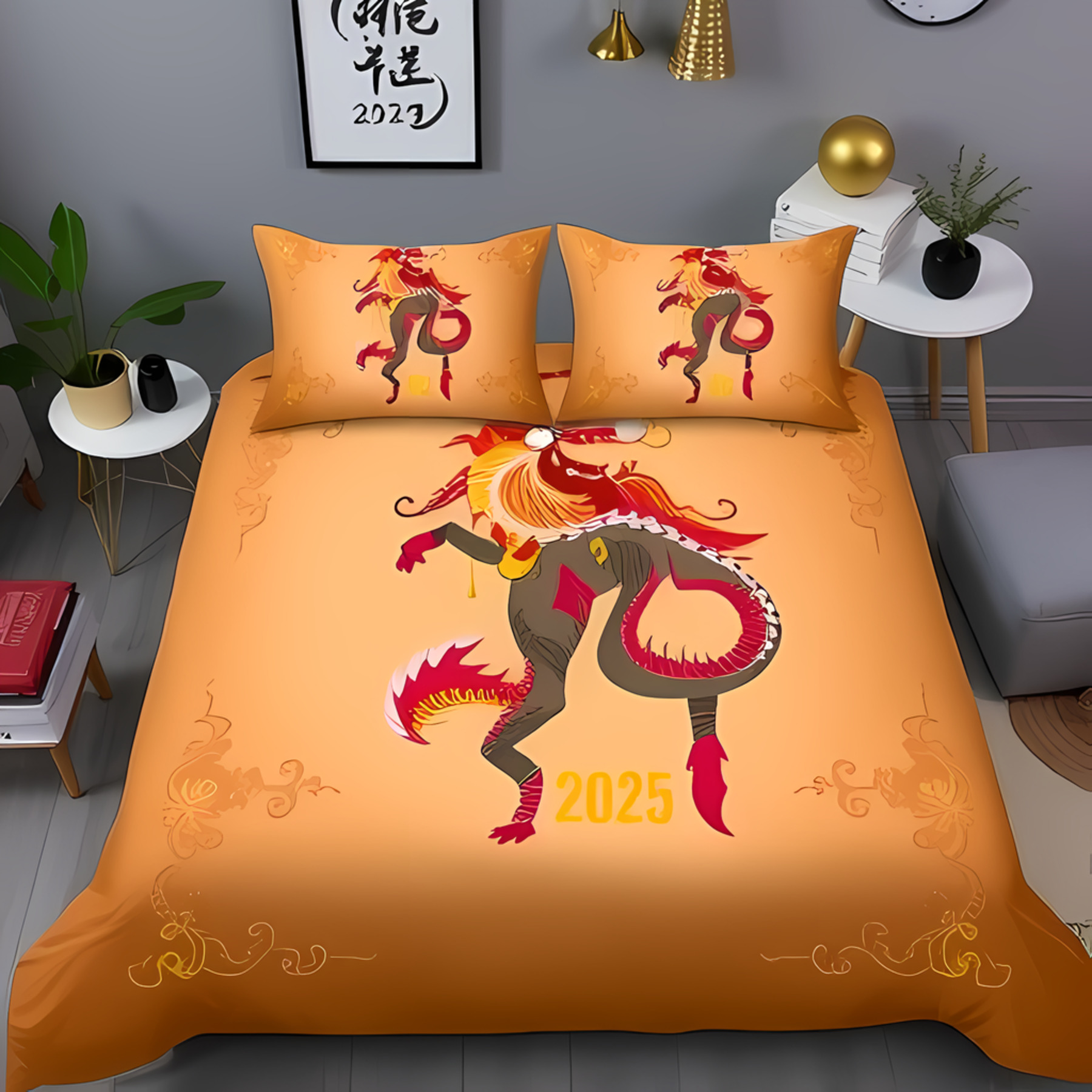3-Piece Dragon Design Duvet Cover Set - Orange Bedding with Decorative ...