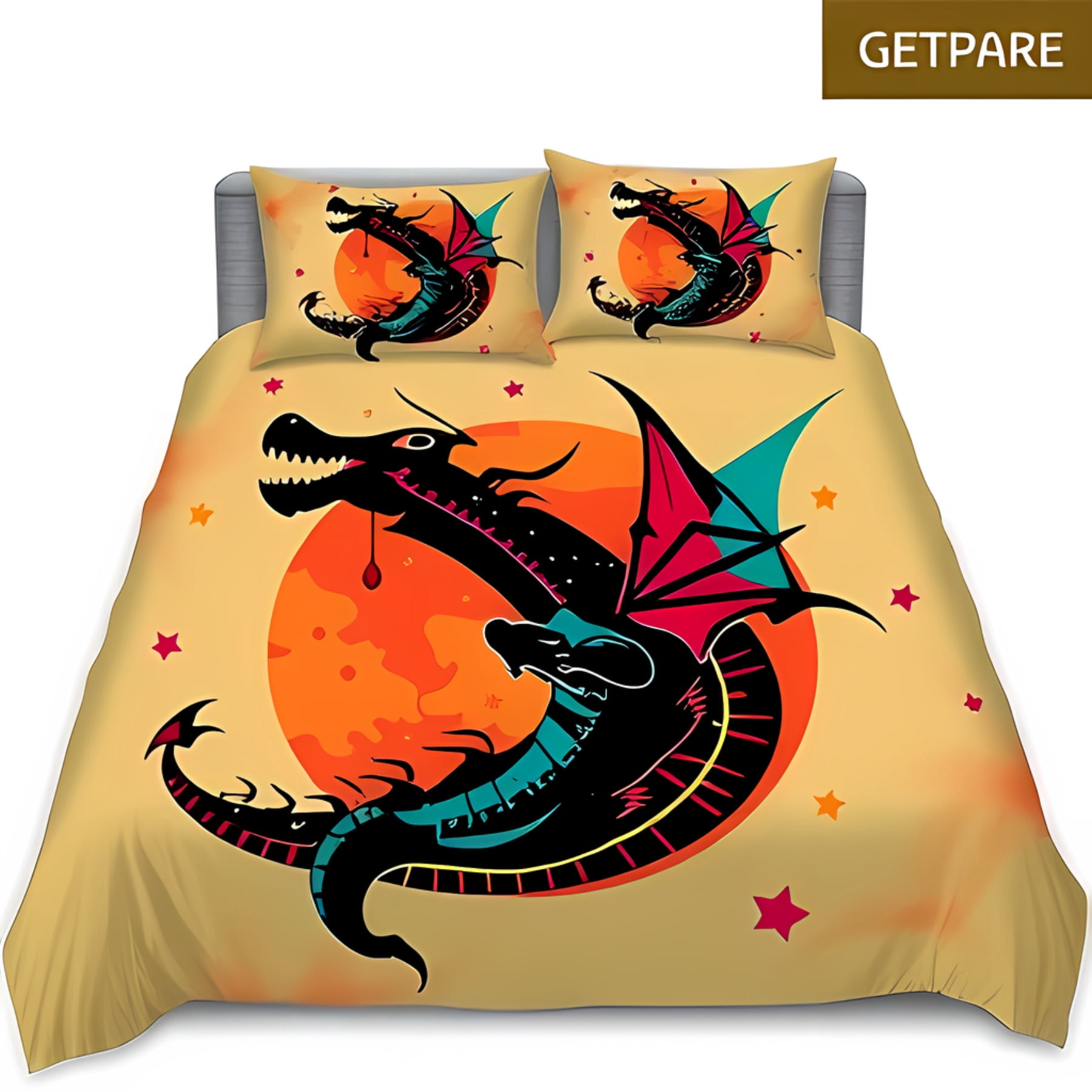 3-Piece Dragon Duvet Cover Set - Black Dragon on Bold Orange Sun with ...