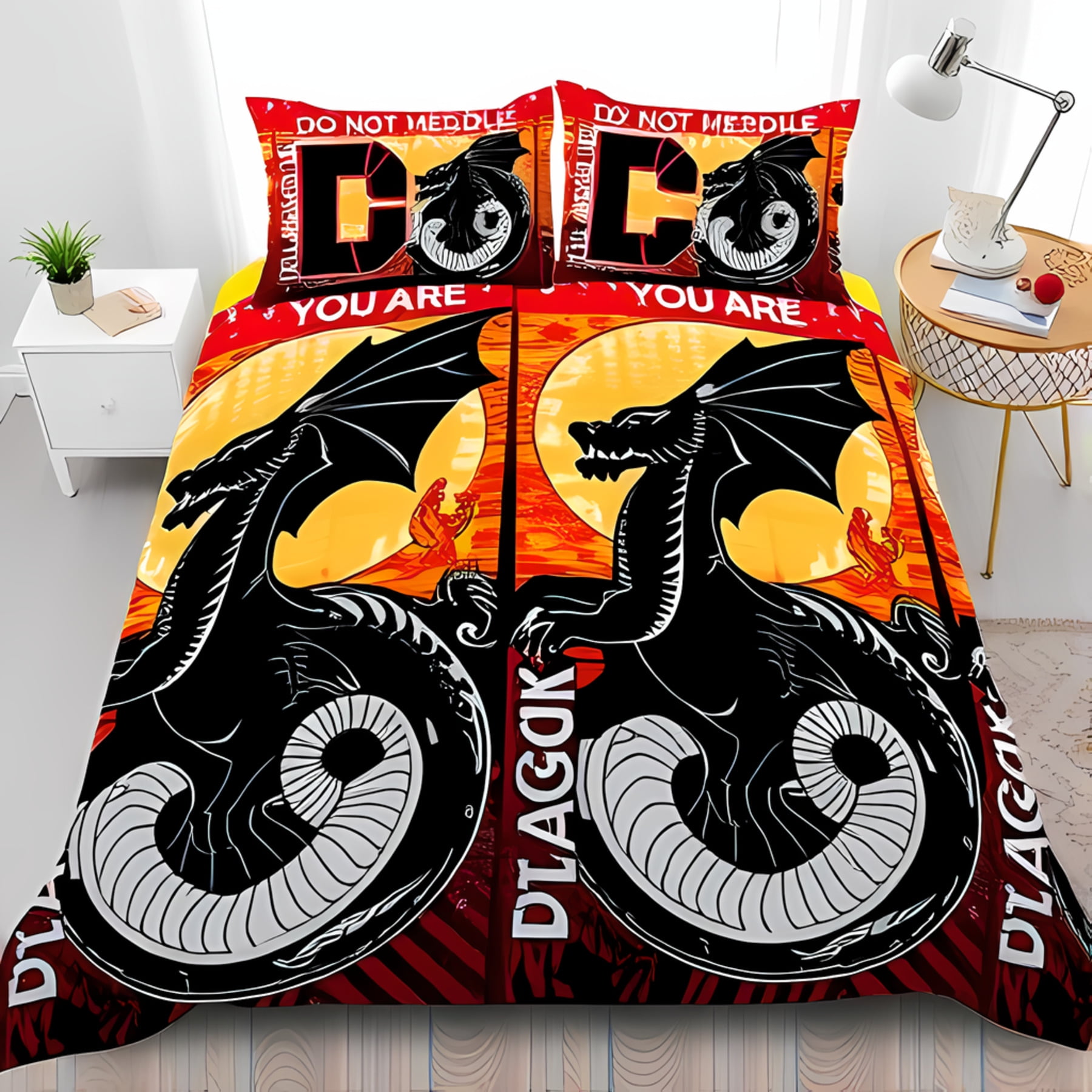 3-Piece Dragon Duvet Cover Set - Bold Black Dragon with Fiery Accents ...