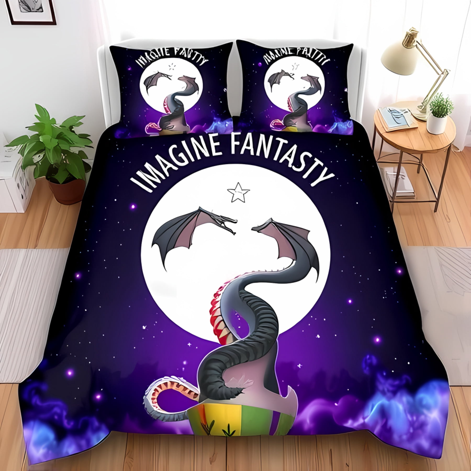 3-Piece Dragon Duvet Cover Set - Enchanting Fantasy Bedding with Moon ...
