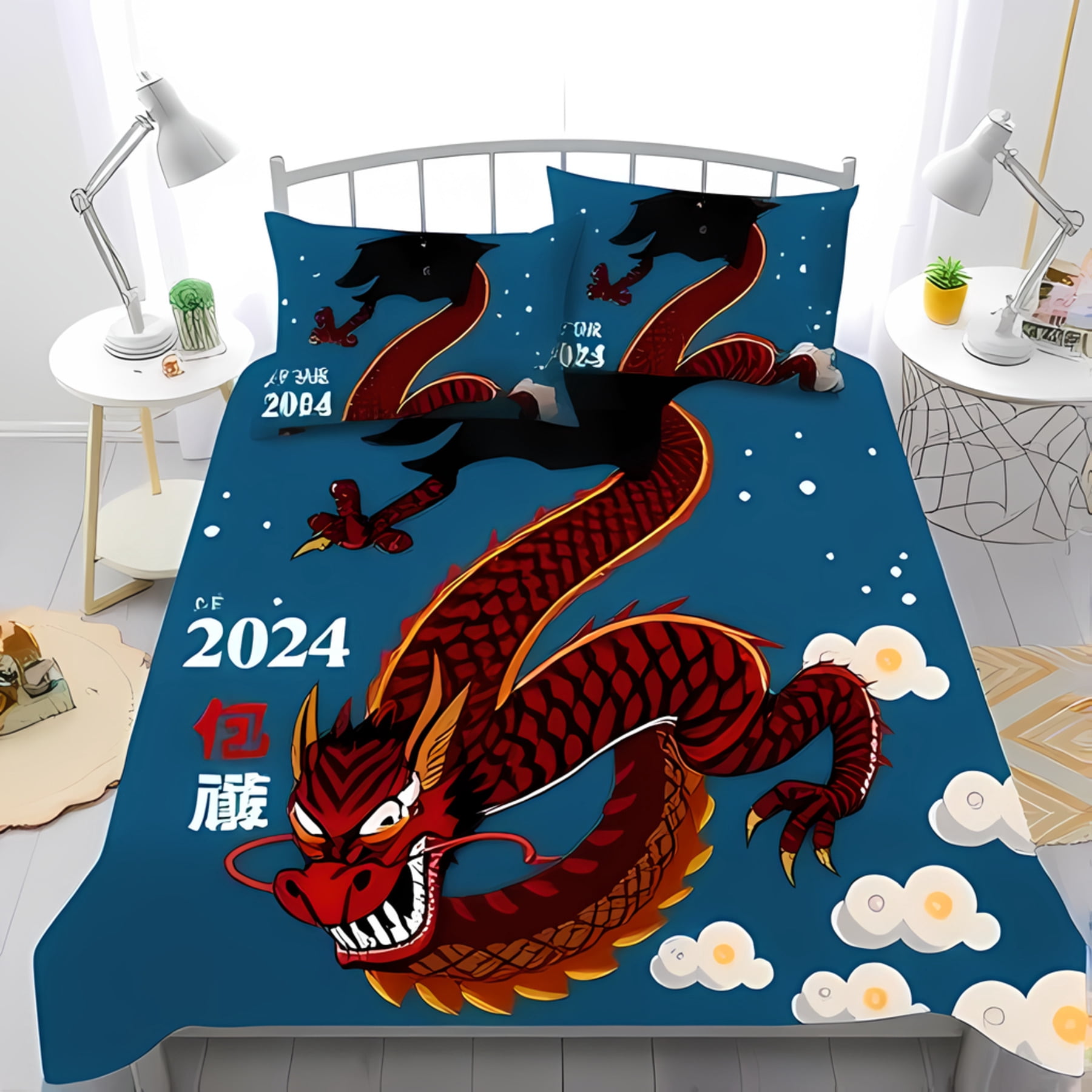 3-Piece Dragon Duvet Cover Set - Vibrant Blue & Red Bedding for Year of ...