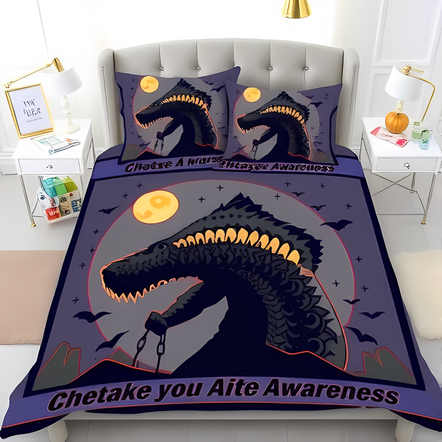 3-Piece Dragon Duvet Cover Set with Night Sky Design Full Moon Bats ...