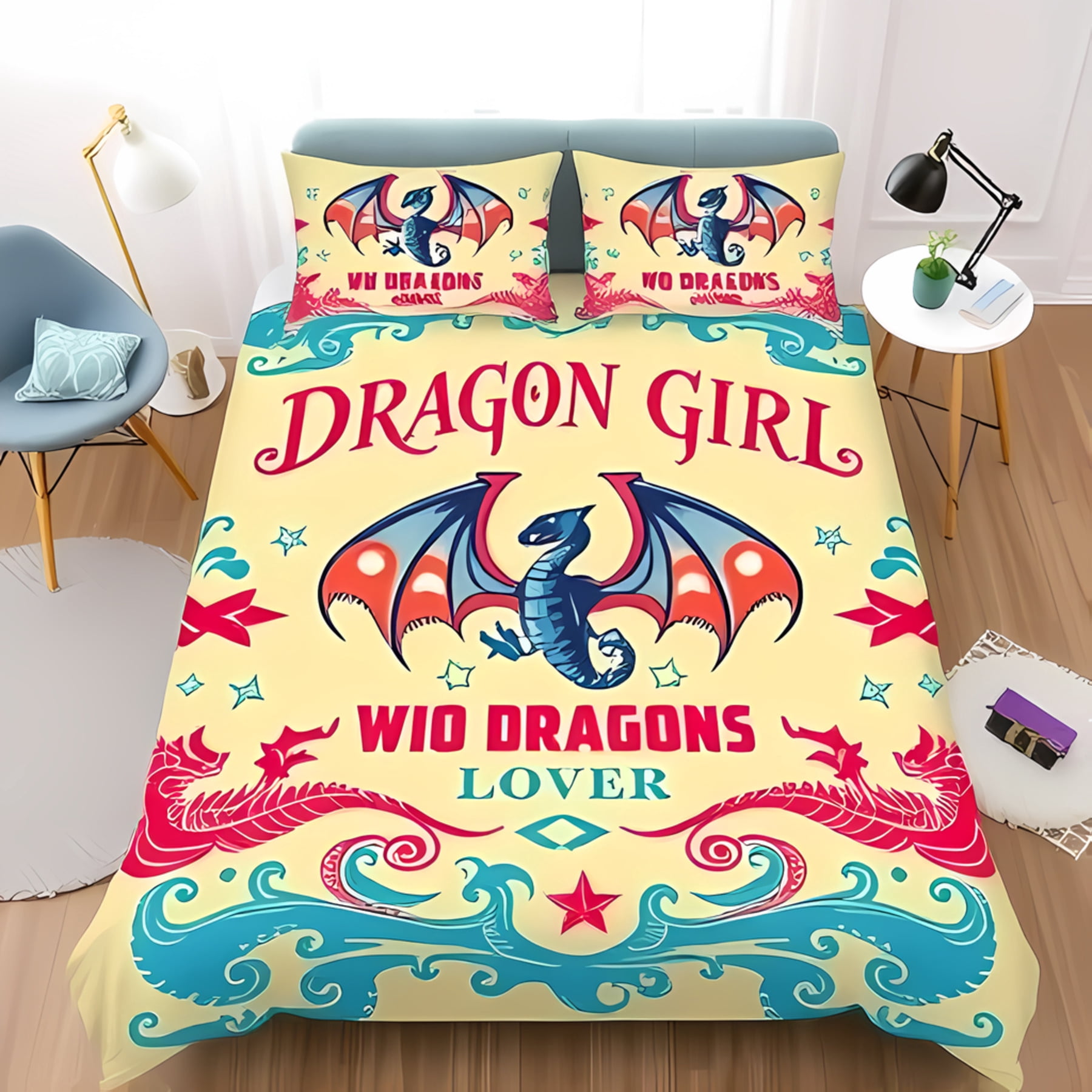 3-Piece Dragon Girl Duvet Cover Set - Whimsical Design on Soft Pastel ...