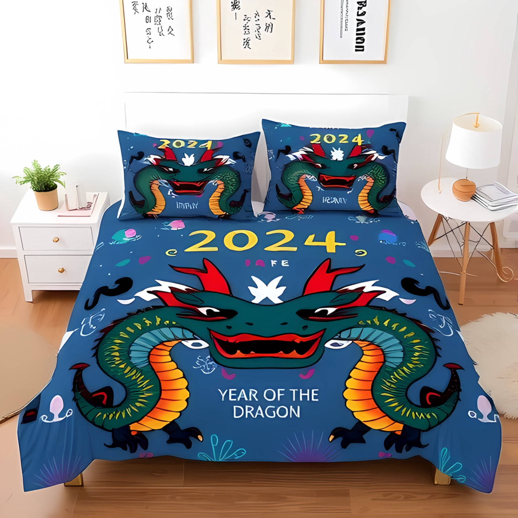 3-Piece Dragon Themed Duvet Cover Set - Vibrant Dark Blue Bedding with ...