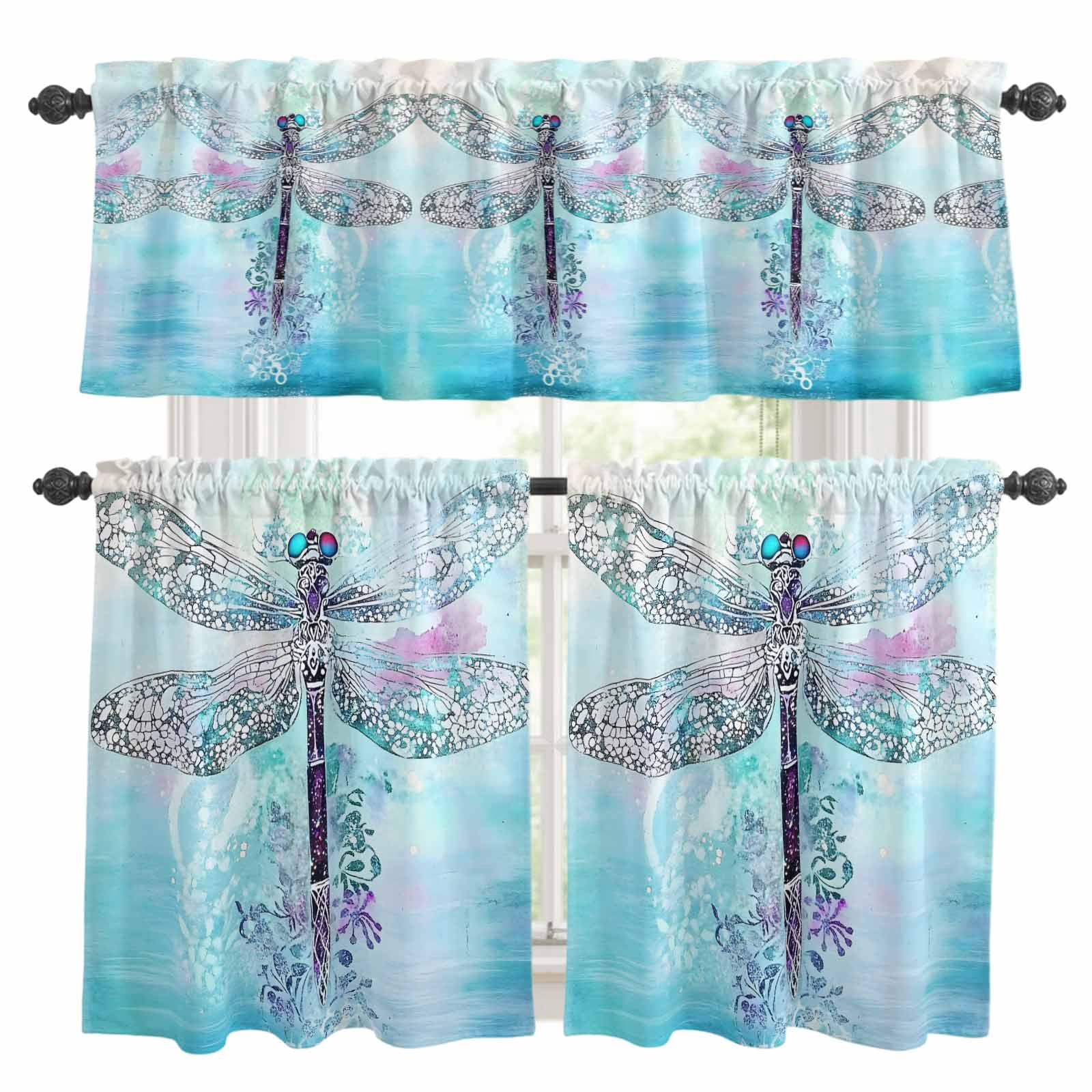 3 Piece Dragonfly Kitchen Curtain Valance and Tiers Set Watercolor ...