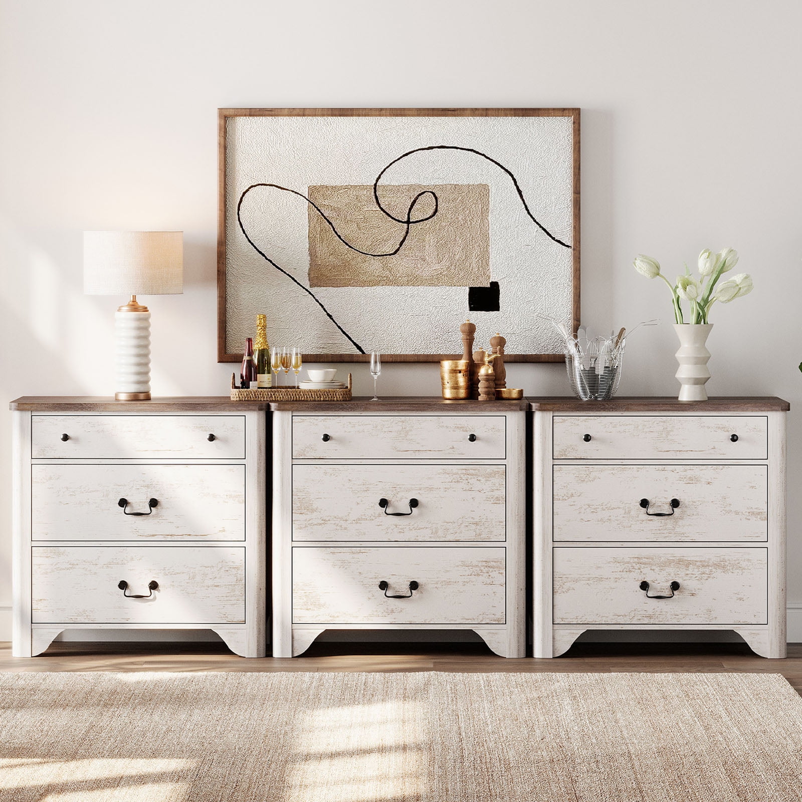 3 Piece Dresser Set, 94.5" W 9 Drawer Dresser,3 IN 1 Farmhouse Dresser ...