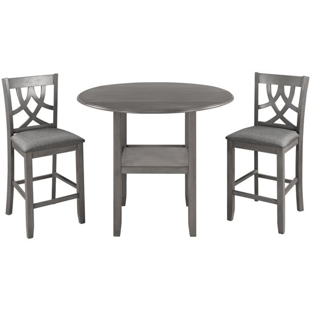 3-Piece Drop Leaf Dining Table Set, Kitchen Round Counter Height Dining ...