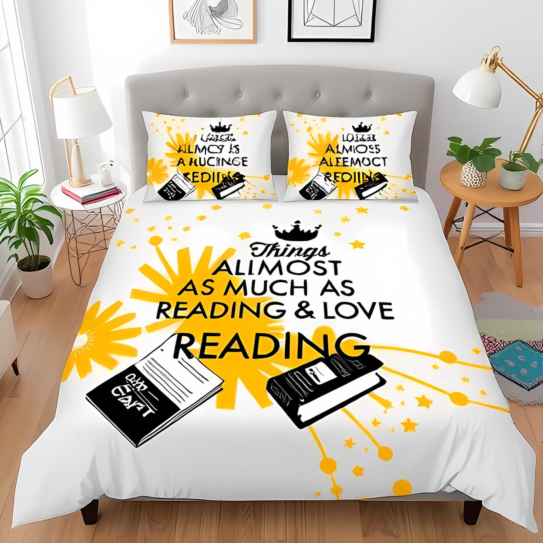 3-Piece Duvet Cover & Pillowcase Set - Whimsical Reading Design with ...