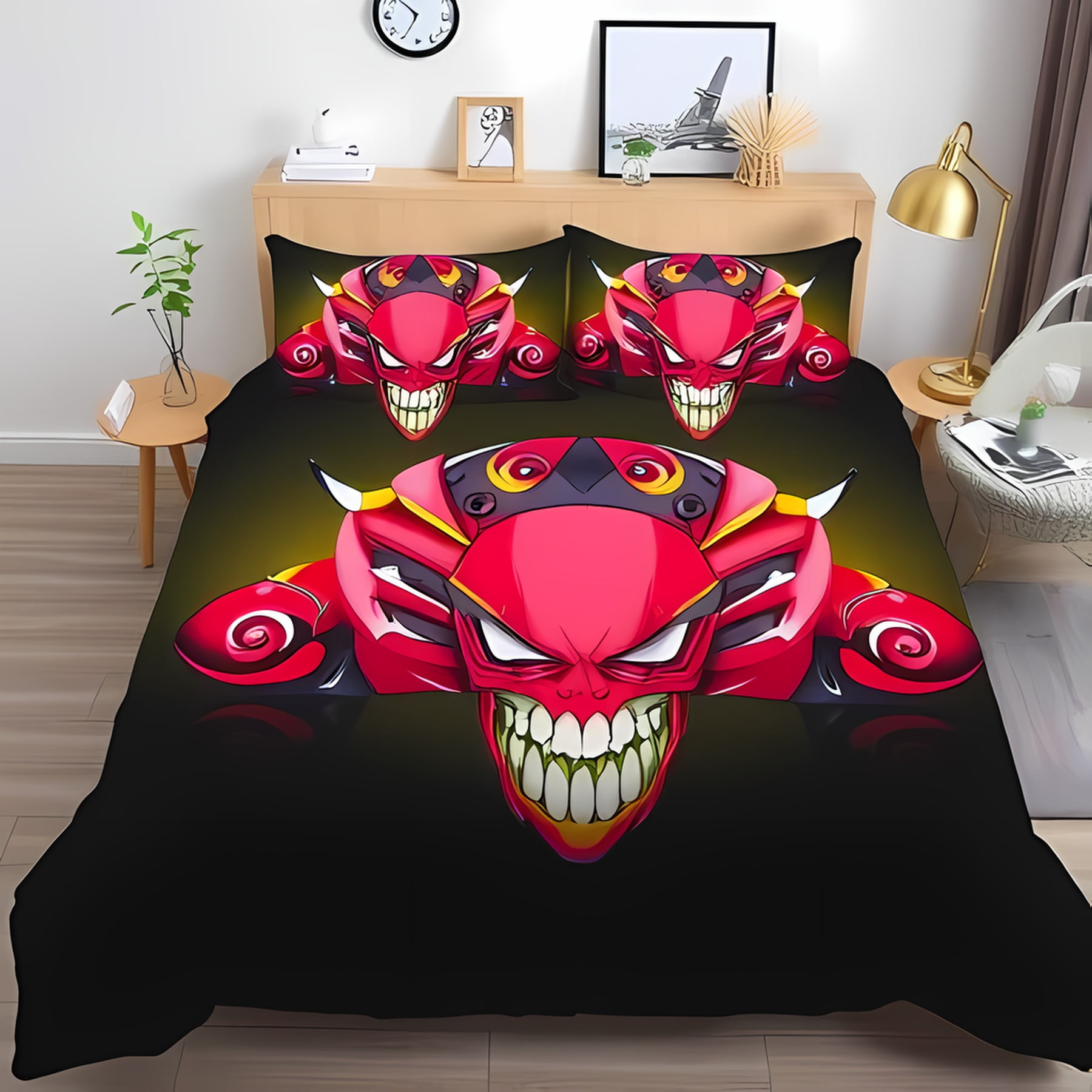 3-Piece Duvet Cover & Pillowcase Set with Bold Red Demonic Design ...