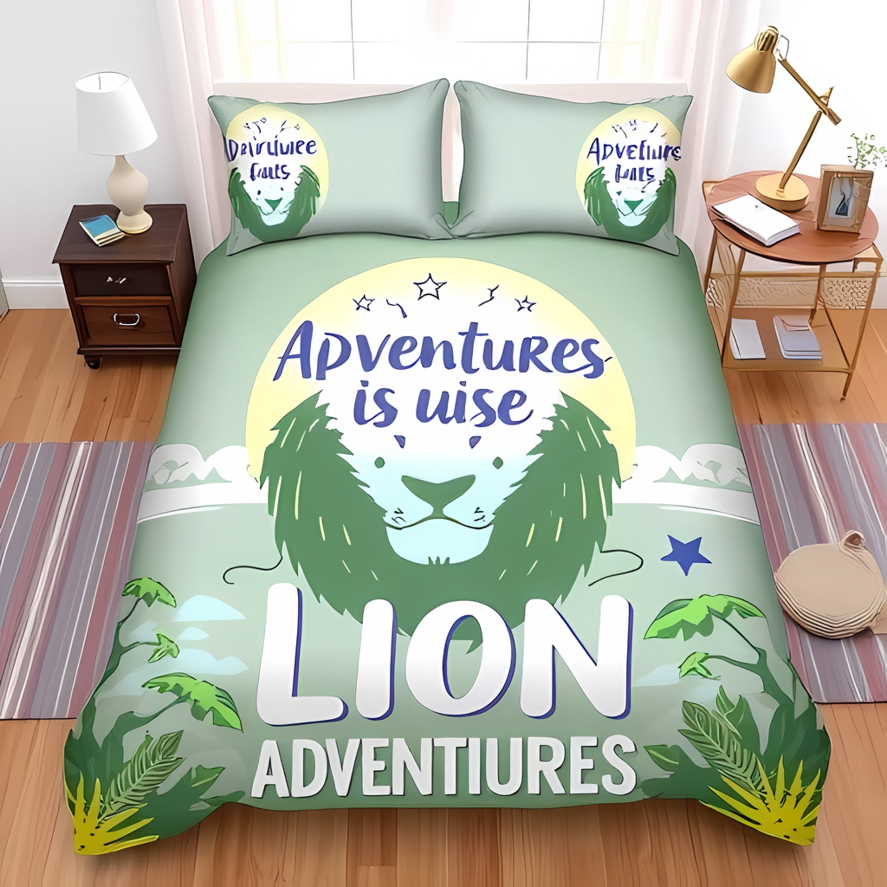 3-Piece Duvet Cover Set 'Adventures are Wise' Text Green & Yellow Color ...