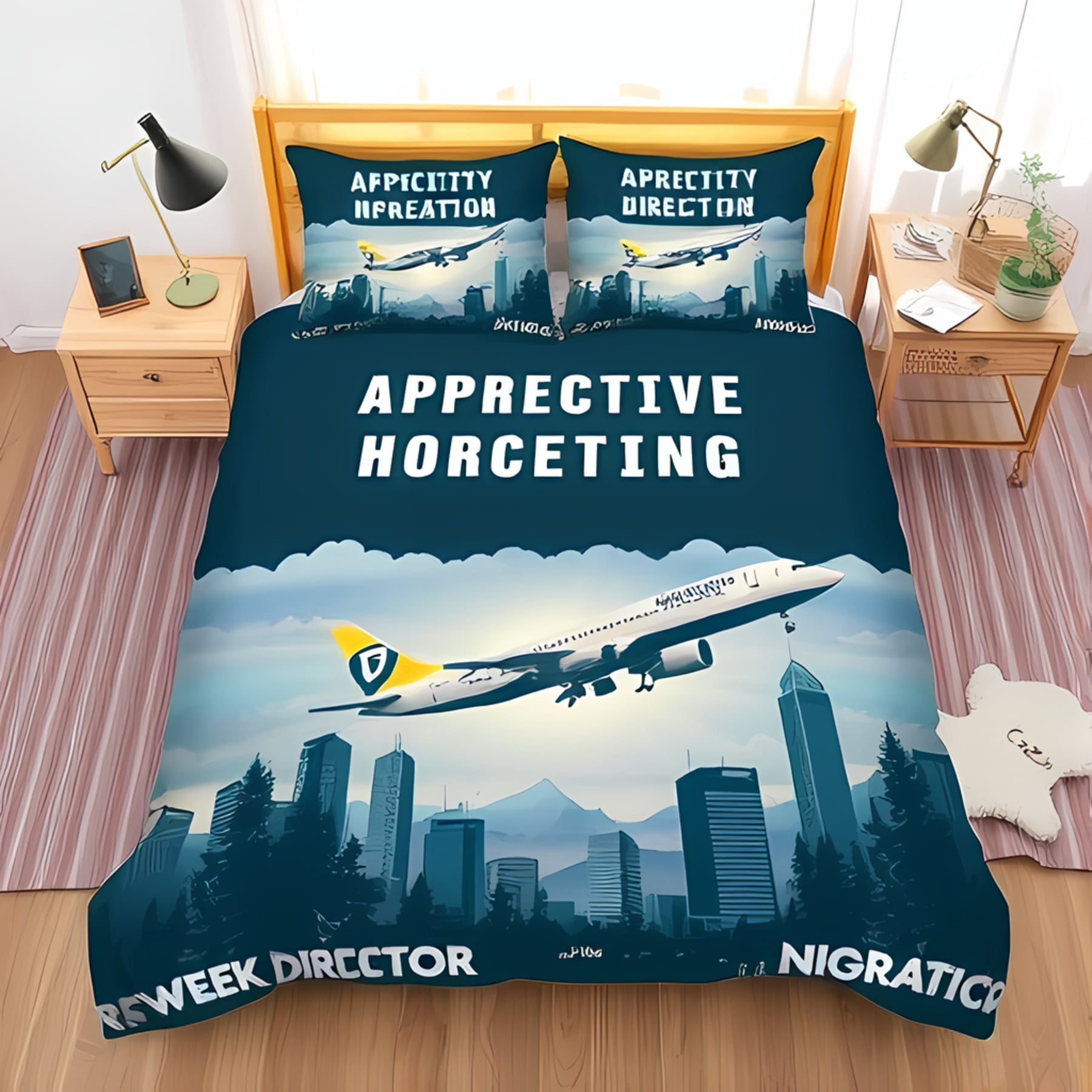 3-Piece Duvet Cover Set - Aviation & Urban Design Airplane Over City ...