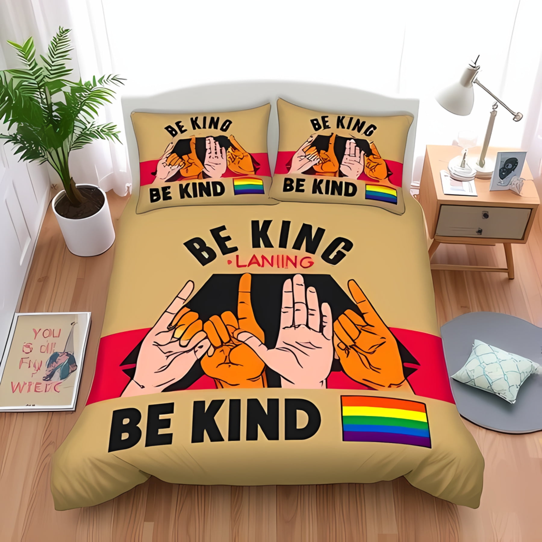 3-Piece Duvet Cover Set - "BE KING BE KIND" Inspirational Design with ...