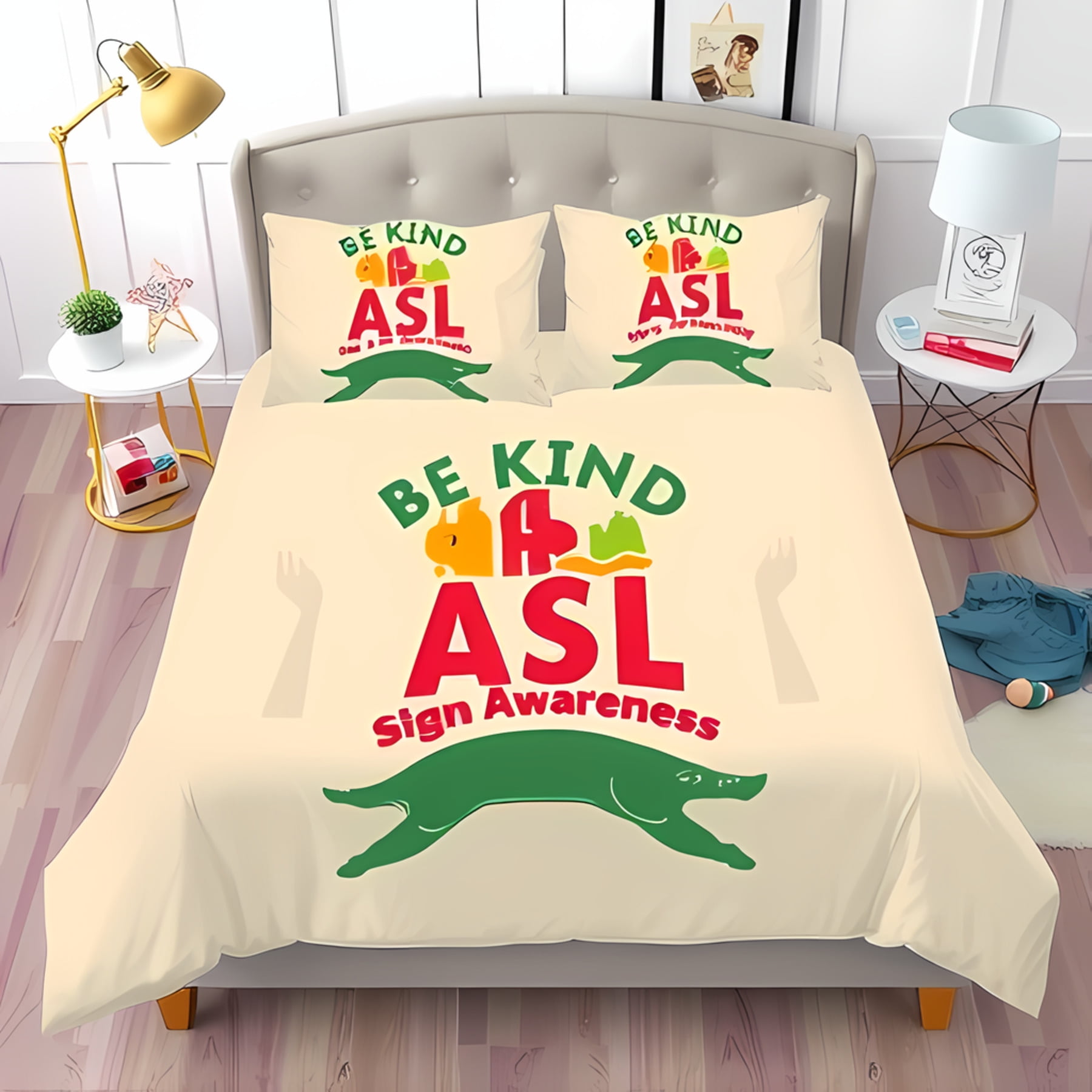 3-Piece Duvet Cover Set - "Be Kind ASL" Comforter with Playful Graphics ...