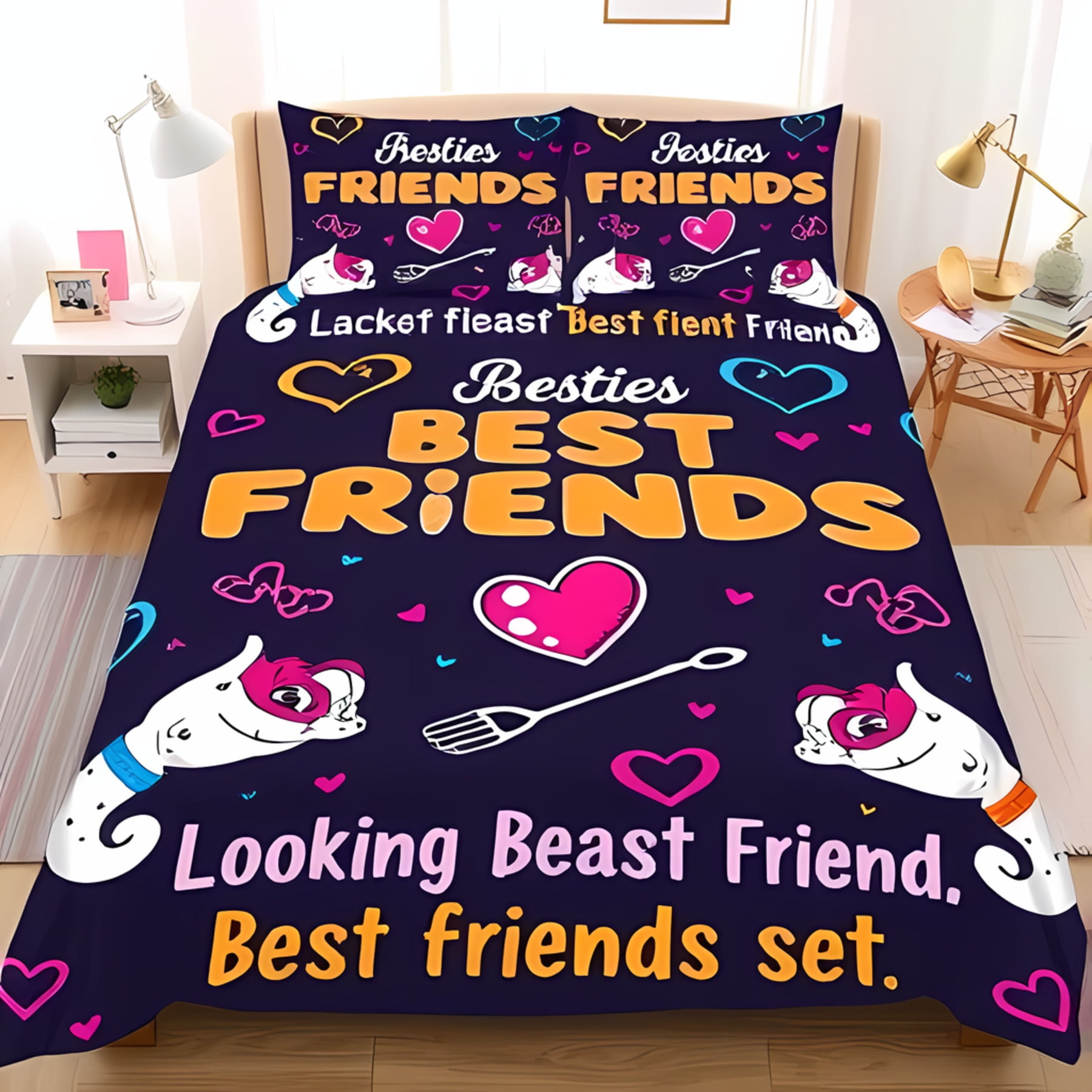 3-Piece Duvet Cover Set - "Besties Best Friends" Colorful Bedding ...
