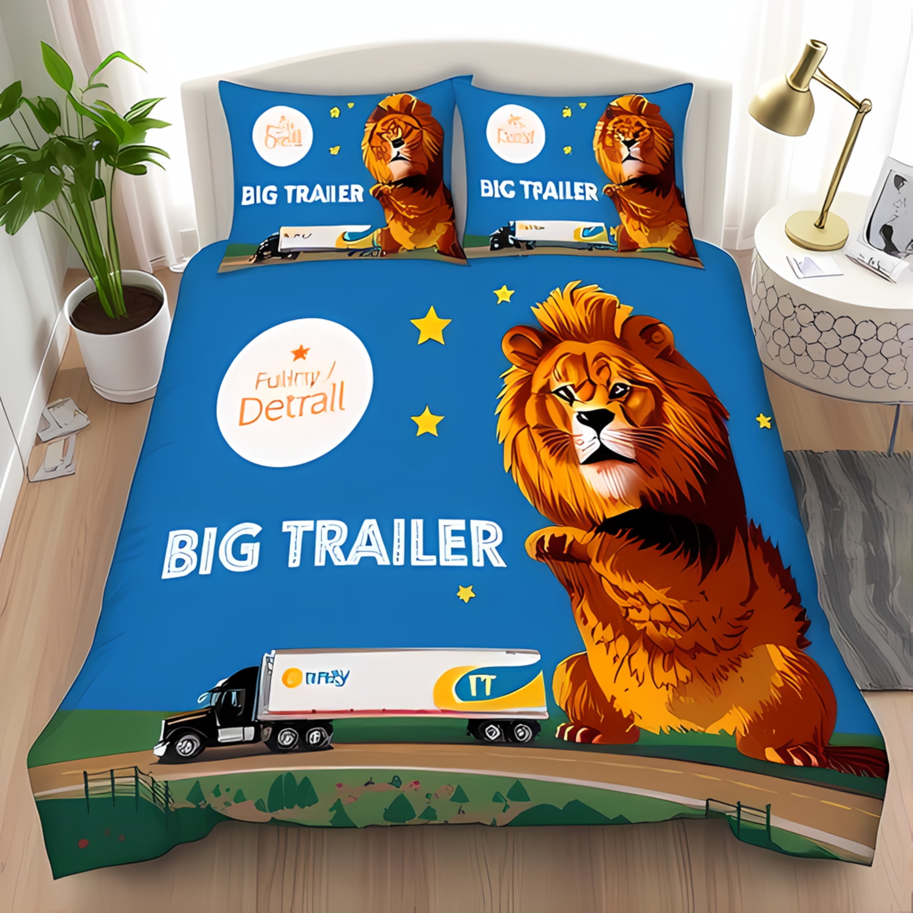 3-Piece Duvet Cover Set - Big Trailer Design with Lion Illustration ...