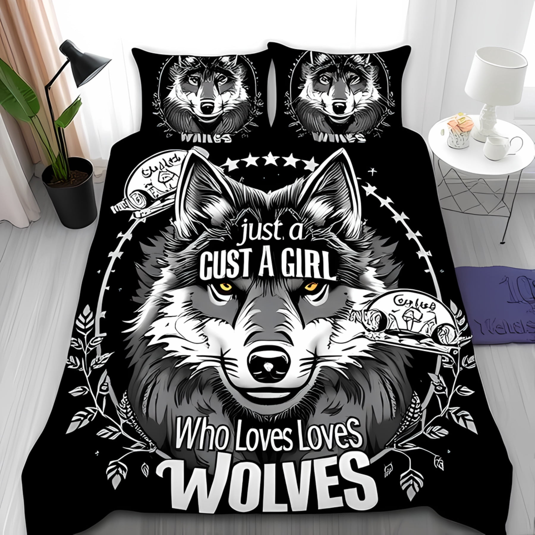 3-Piece Duvet Cover Set - Black Background with Gray Wolf Head & Floral ...