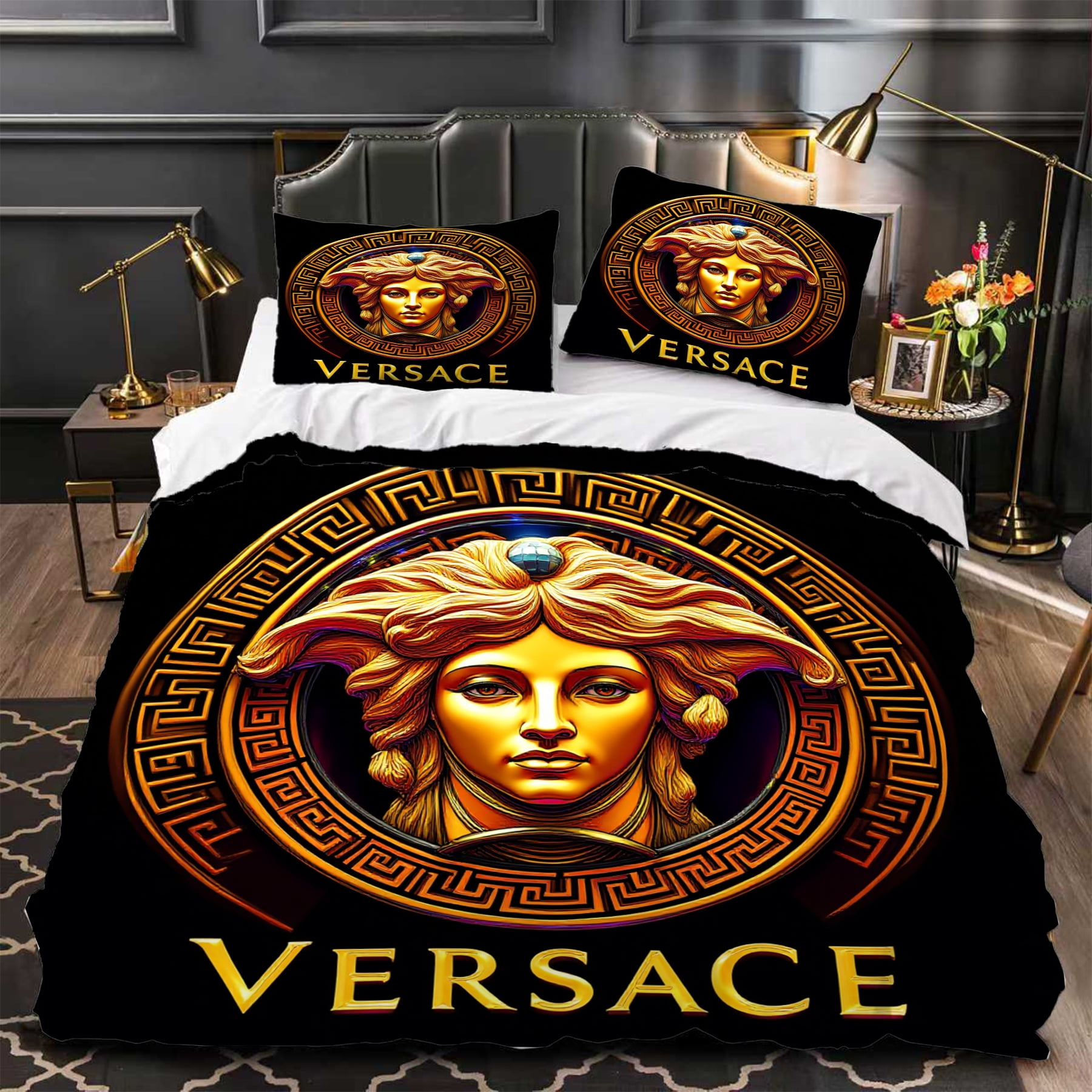 3-Piece Duvet Cover Set - Black Bedding with Golden Face Pattern ...