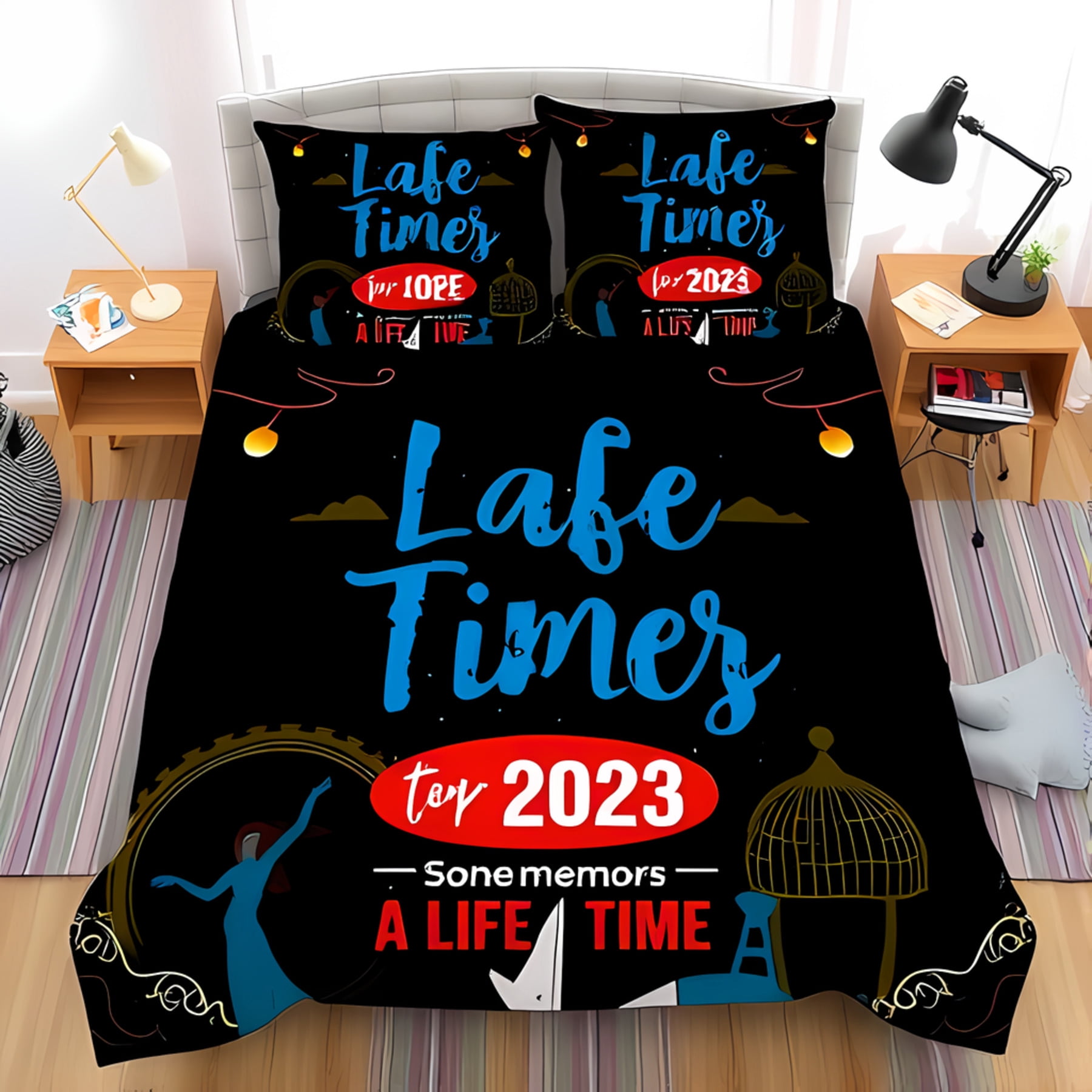 3-Piece Duvet Cover Set with Black Bedspread Featuring Blue 'Late Timer ...
