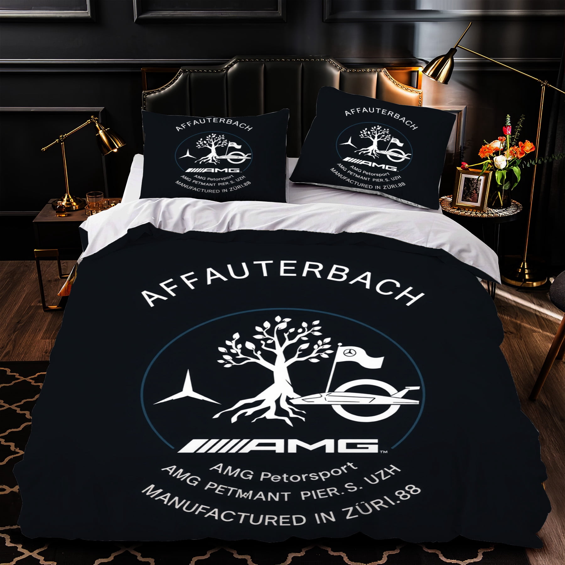 3-Piece Duvet Cover Set - Black Bedspread with Racing Flag & Tree ...