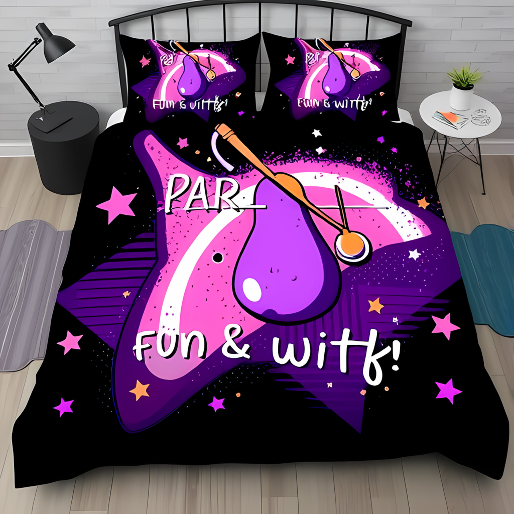 3-Piece Duvet Cover Set - Black Design with Colorful Stars & 'PARL ...