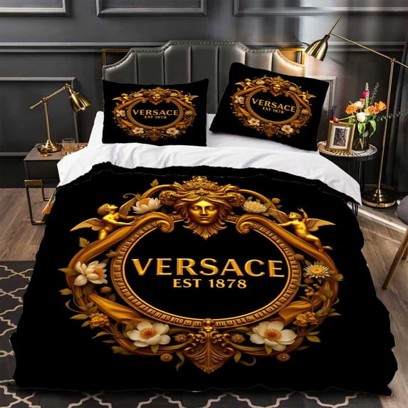 3-Piece Duvet Cover Set - Black & Gold Bedspread - Elegant Modern ...