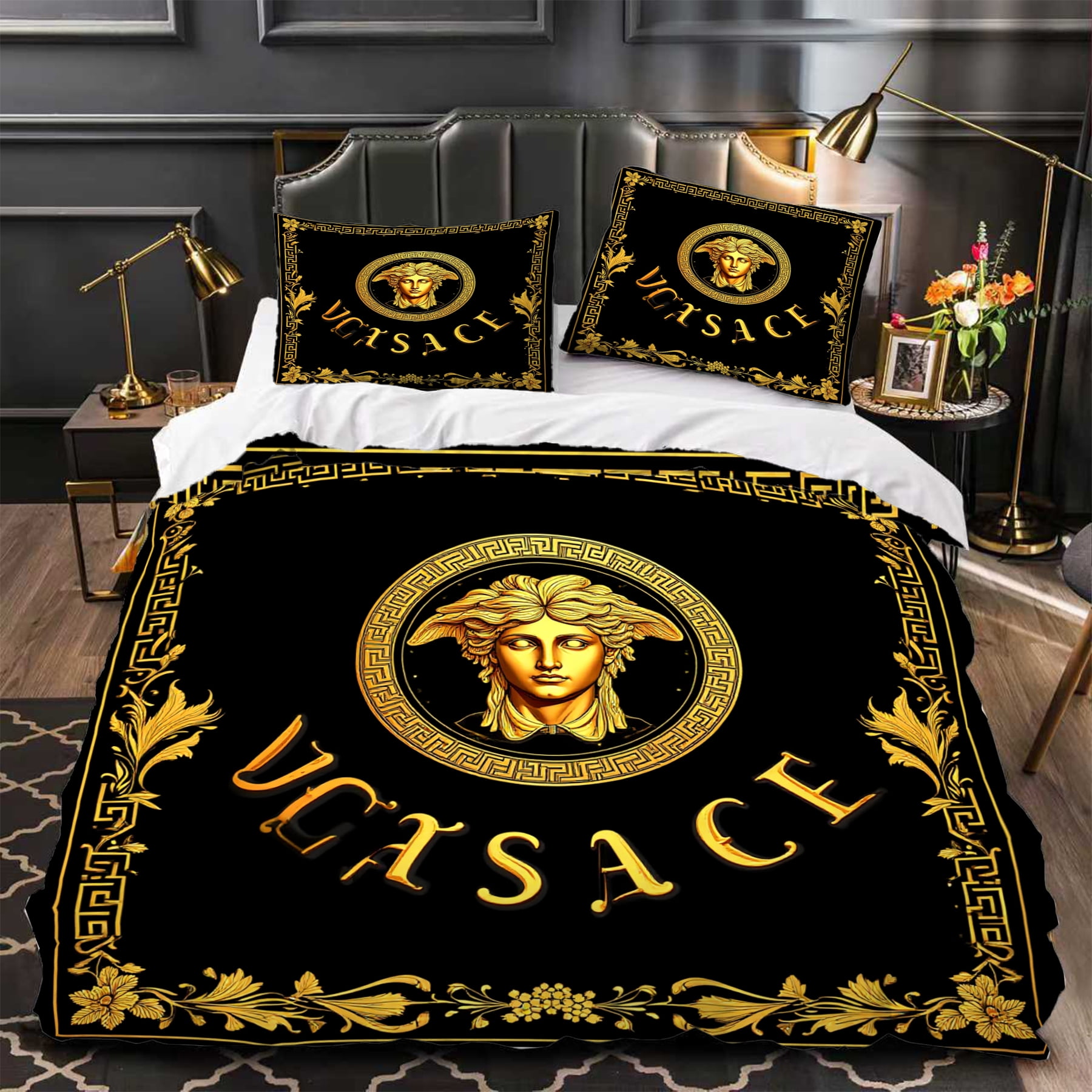 3-Piece Duvet Cover Set - Black & Gold Design with Intricate Patterns ...