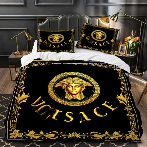 3-Piece Duvet Cover Set - Black & Gold Design with Intricate Patterns ...