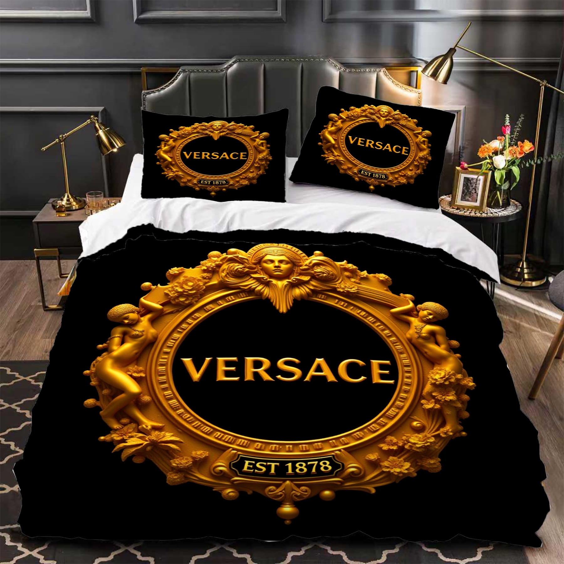 3-Piece Duvet Cover Set - Black & Gold EST 1878 Design Modern Bedding ...