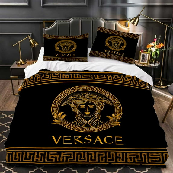 3-Piece Duvet Cover Set - Black & Gold Greek Key Pattern Luxurious ...