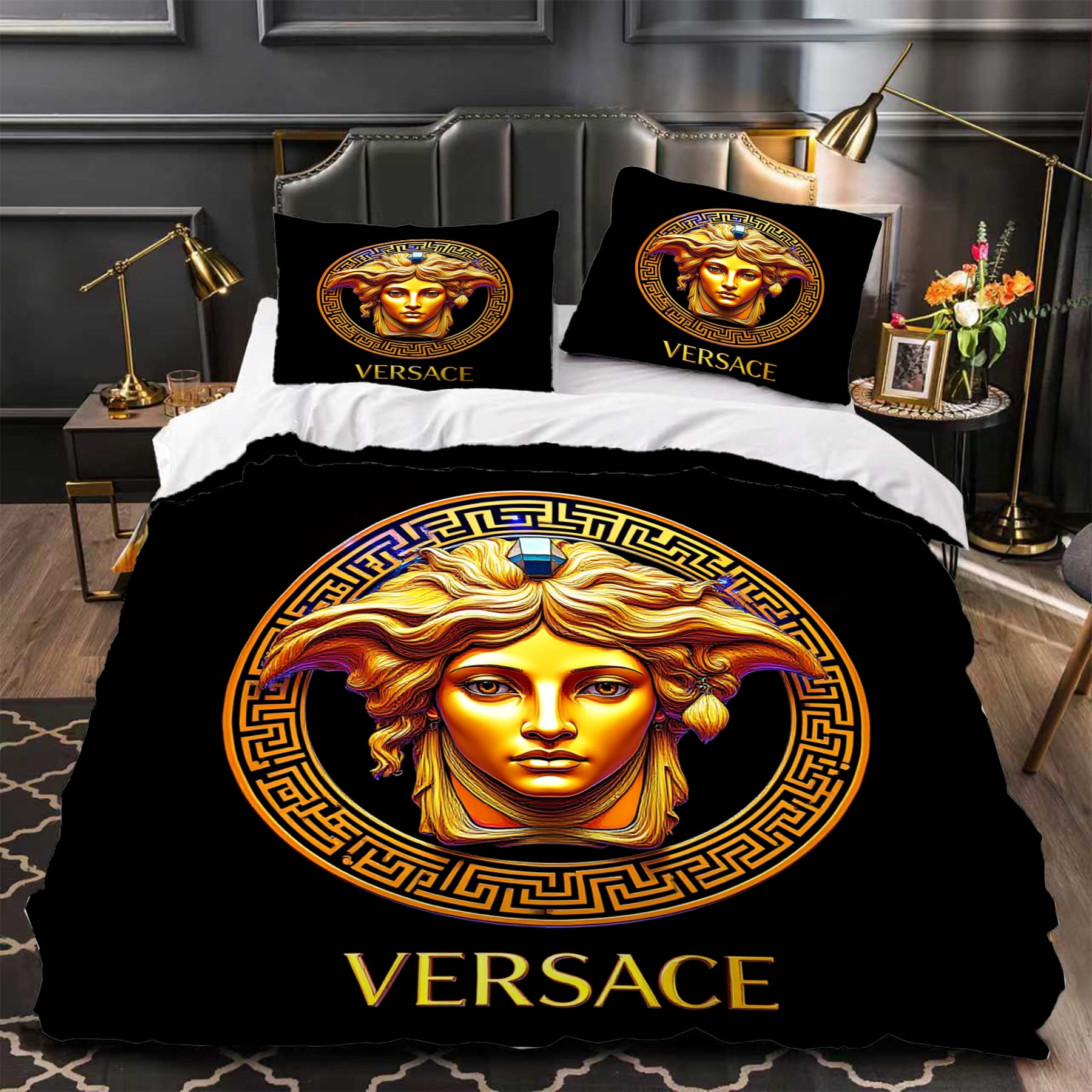 3-Piece Duvet Cover Set - Black & Gold with Greek Key Pattern & Iconic ...