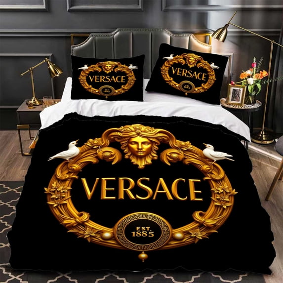 3-Piece Duvet Cover Set - Black & Gold with Intricate Frame Design ...
