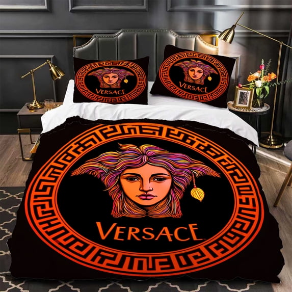 3-Piece Duvet Cover Set - Black & Orange with Stylized Face & Greek Key ...