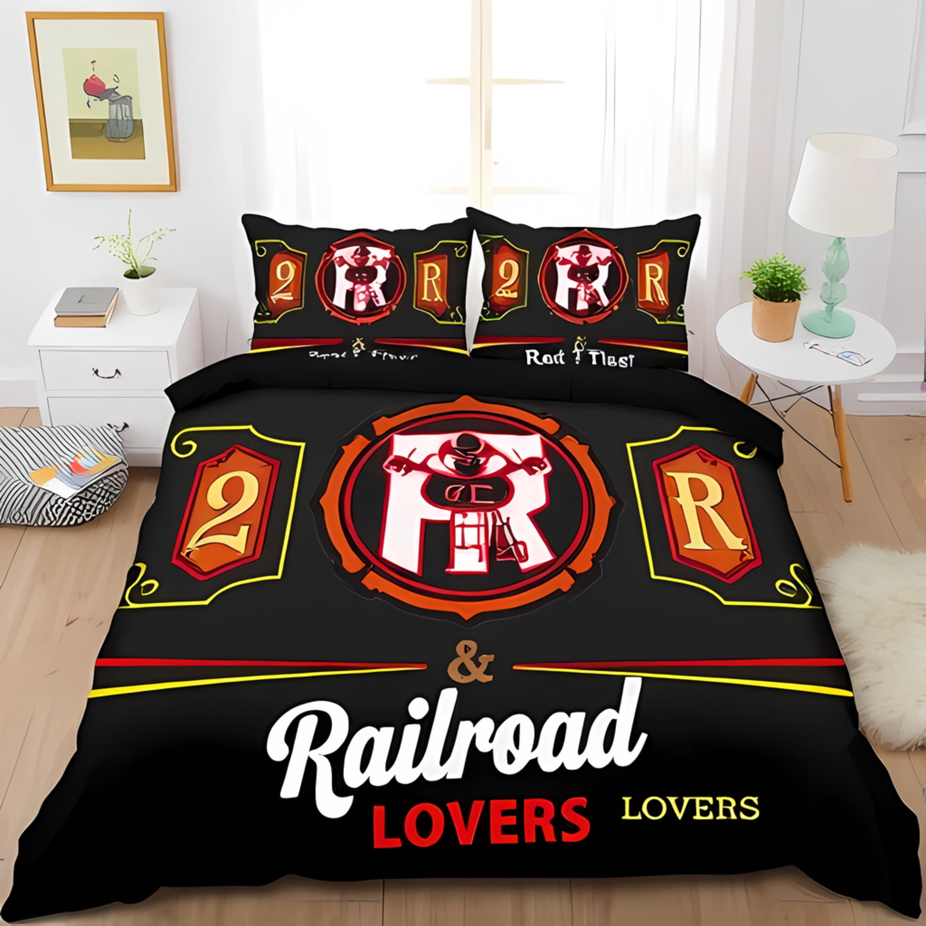3-Piece Duvet Cover Set - Black Railroad Theme with Colorful Train ...