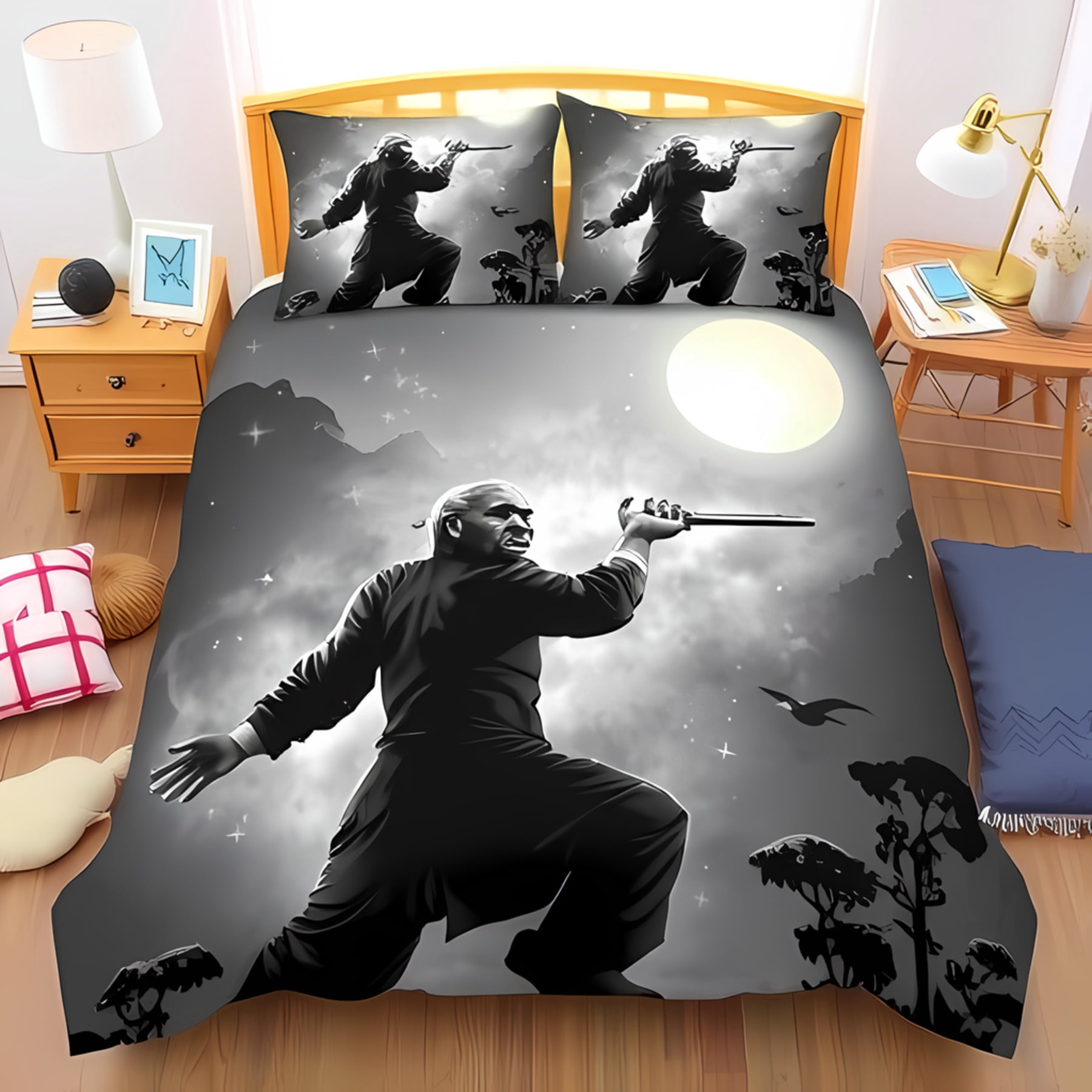 3-Piece Duvet Cover Set with Black - White Martial Arts Design ...