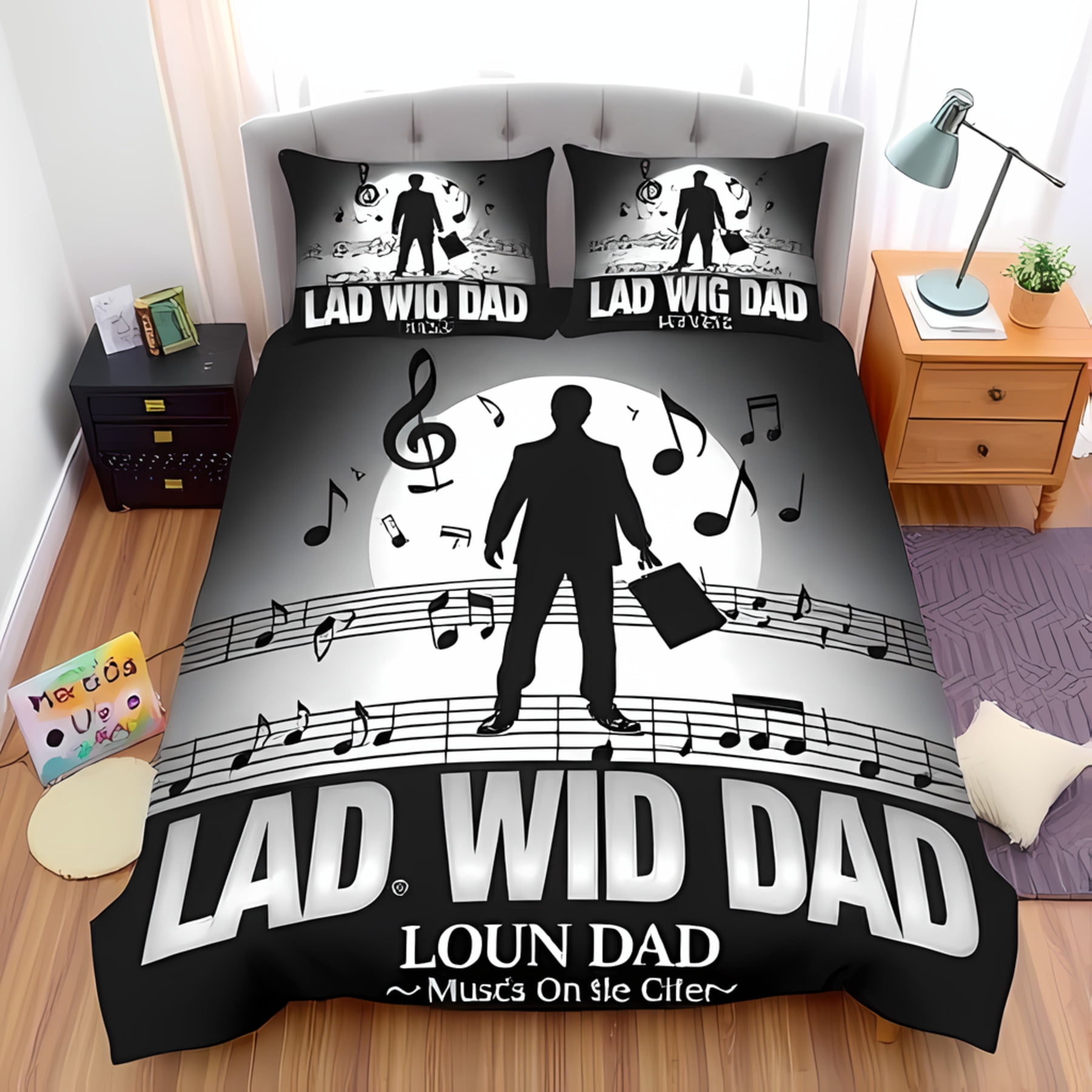 3-Piece Duvet Cover Set - Black & White Music Themed Design with of Man ...