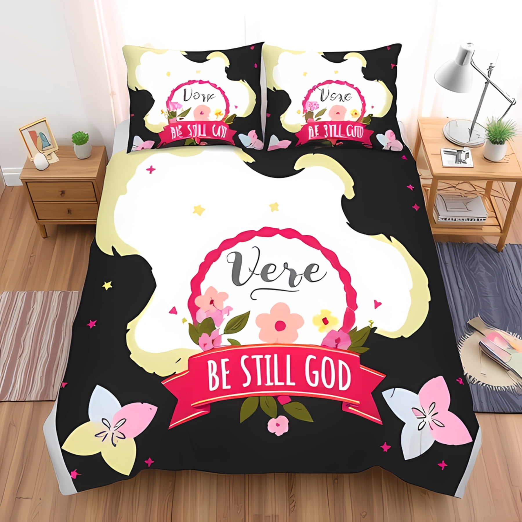 3-Piece Duvet Cover Set - Black and White Floral Design with Pink 'Vere ...