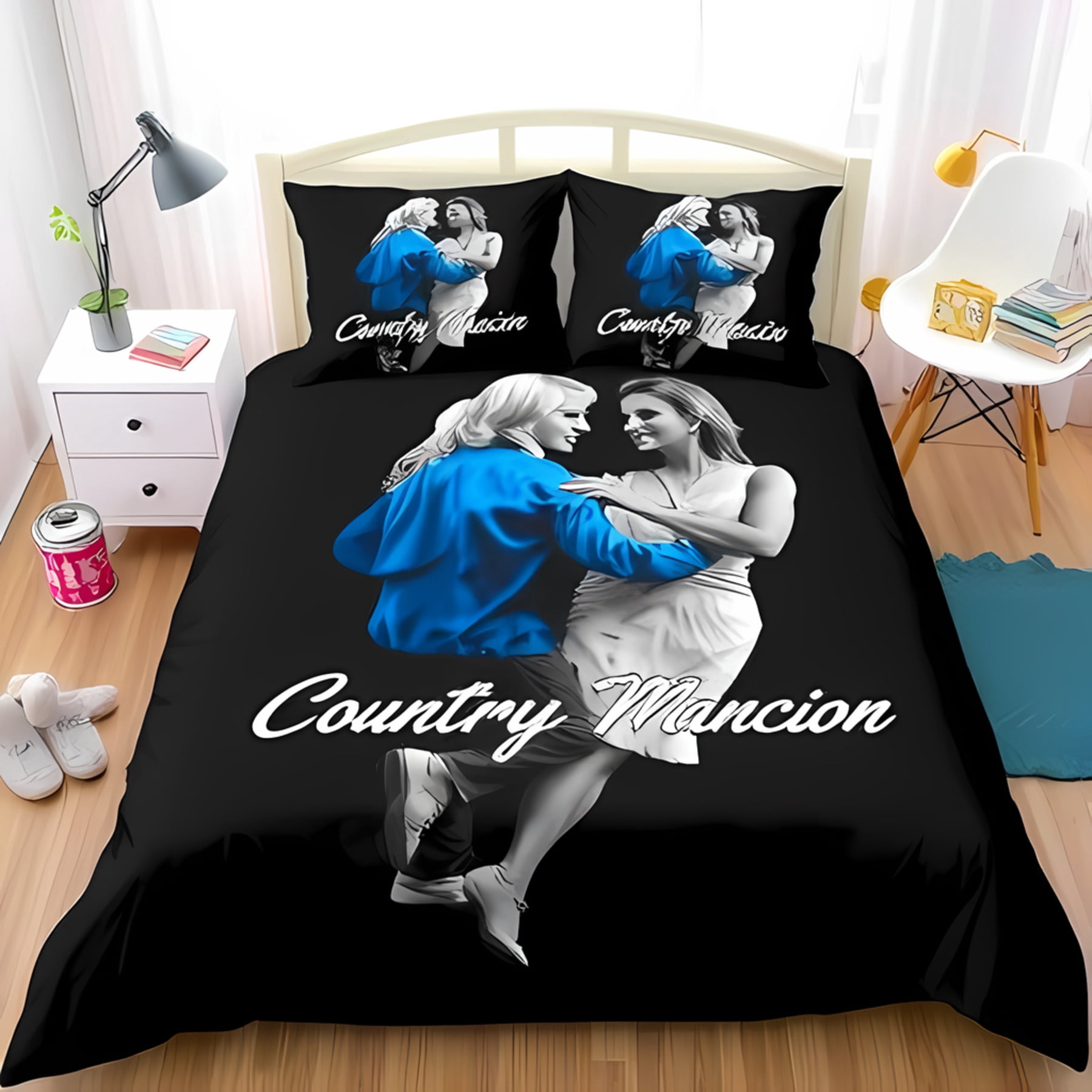 3-Piece Duvet Cover Set - Black with Dance Scene Blue Jacket & White ...