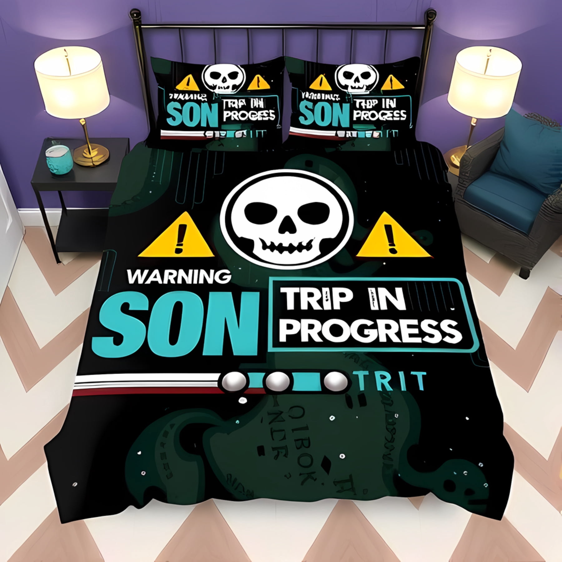 3-Piece Duvet Cover Set - Black with 'Warning: Son Trip in Progress ...