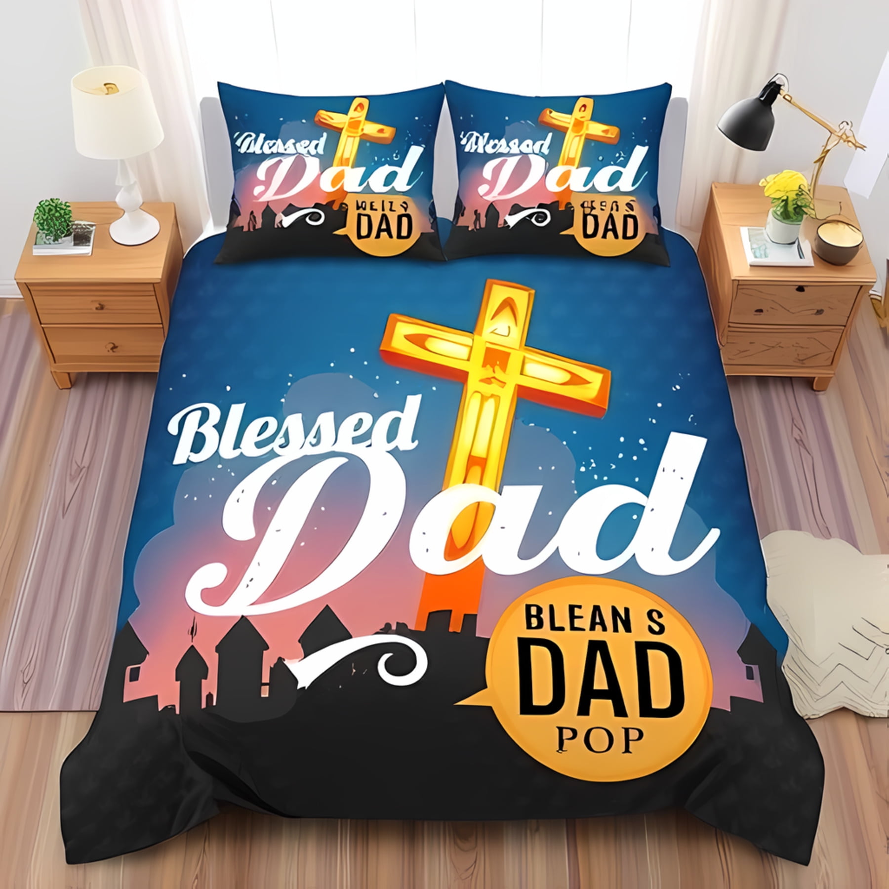 3-Piece Duvet Cover Set - " Blessed Dad " Design with Glowing Cross ...