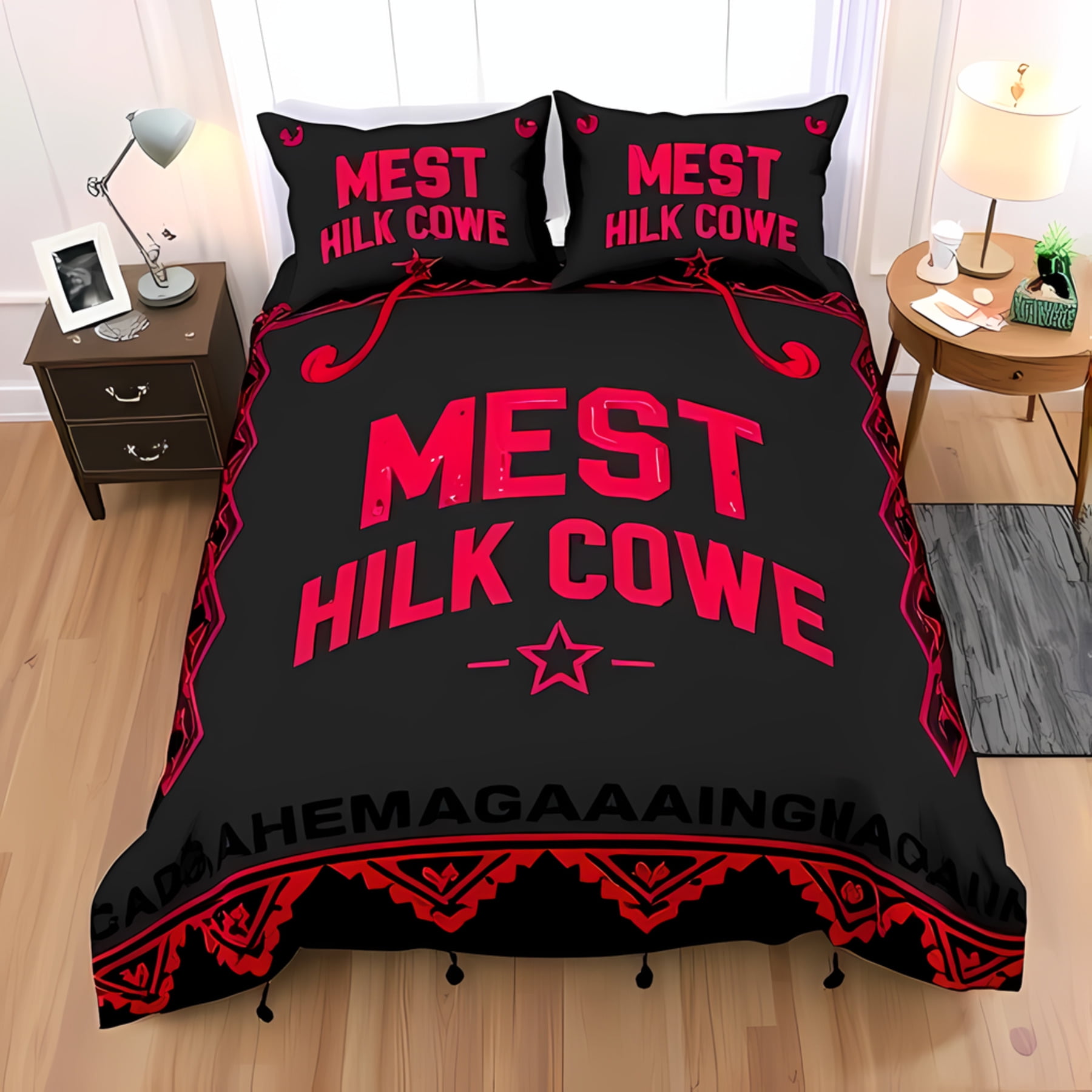 3-Piece Duvet Cover Set with Bold Black Background and Bright Red 'MEST ...