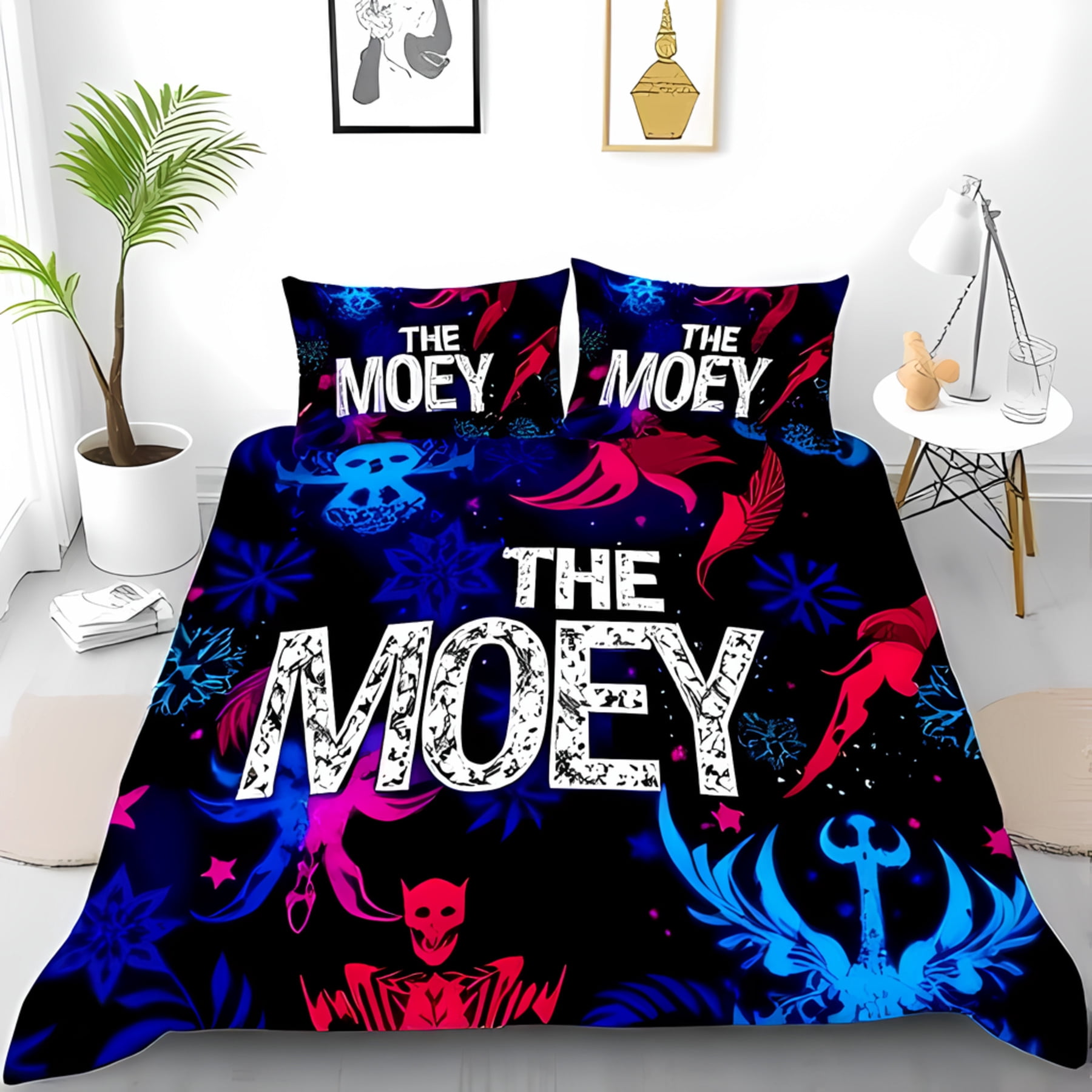 3-Piece Duvet Cover Set - Bold Black Background with Vibrant Pink ...