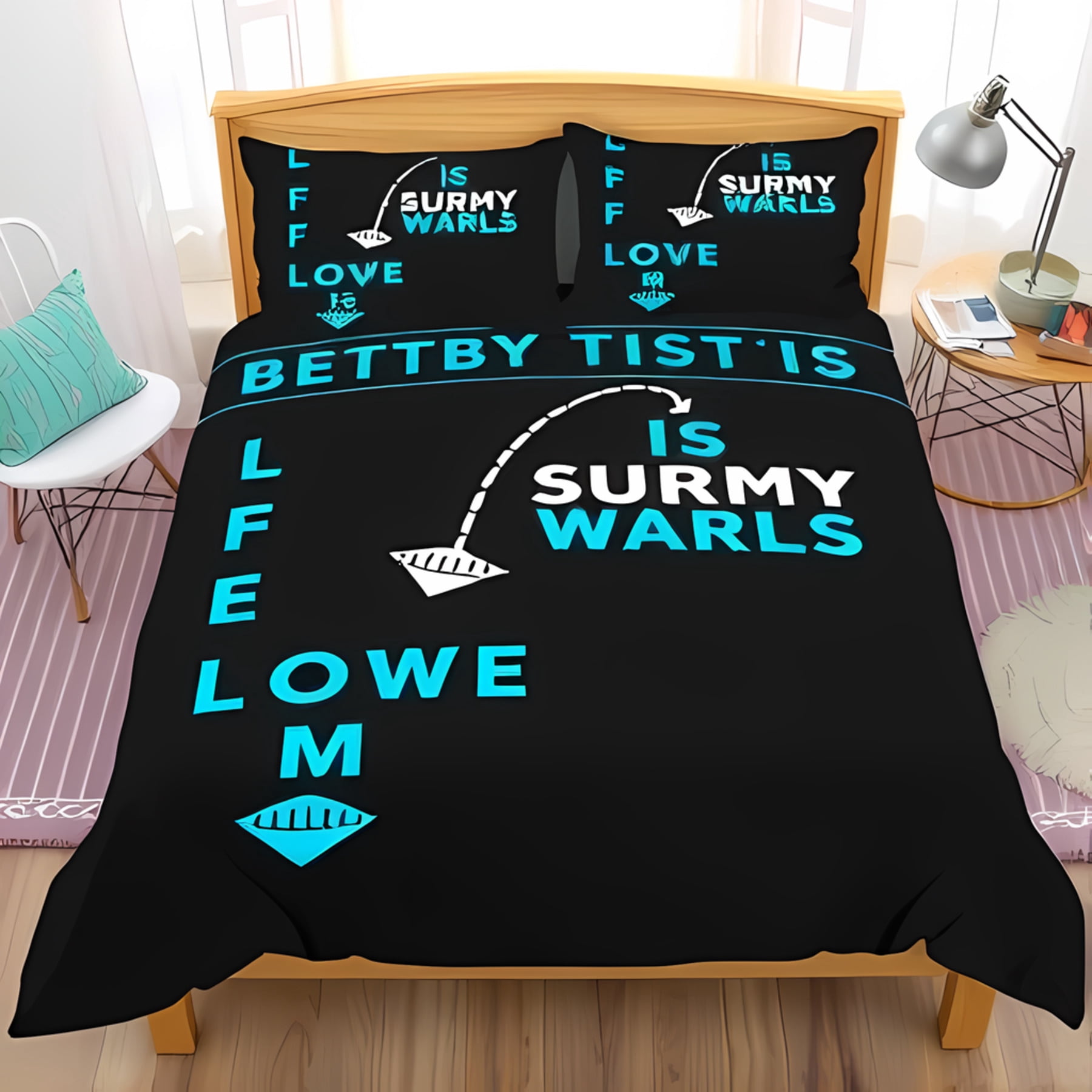 3-Piece Duvet Cover Set - Bold Black Background with Whimsical Jumbled ...