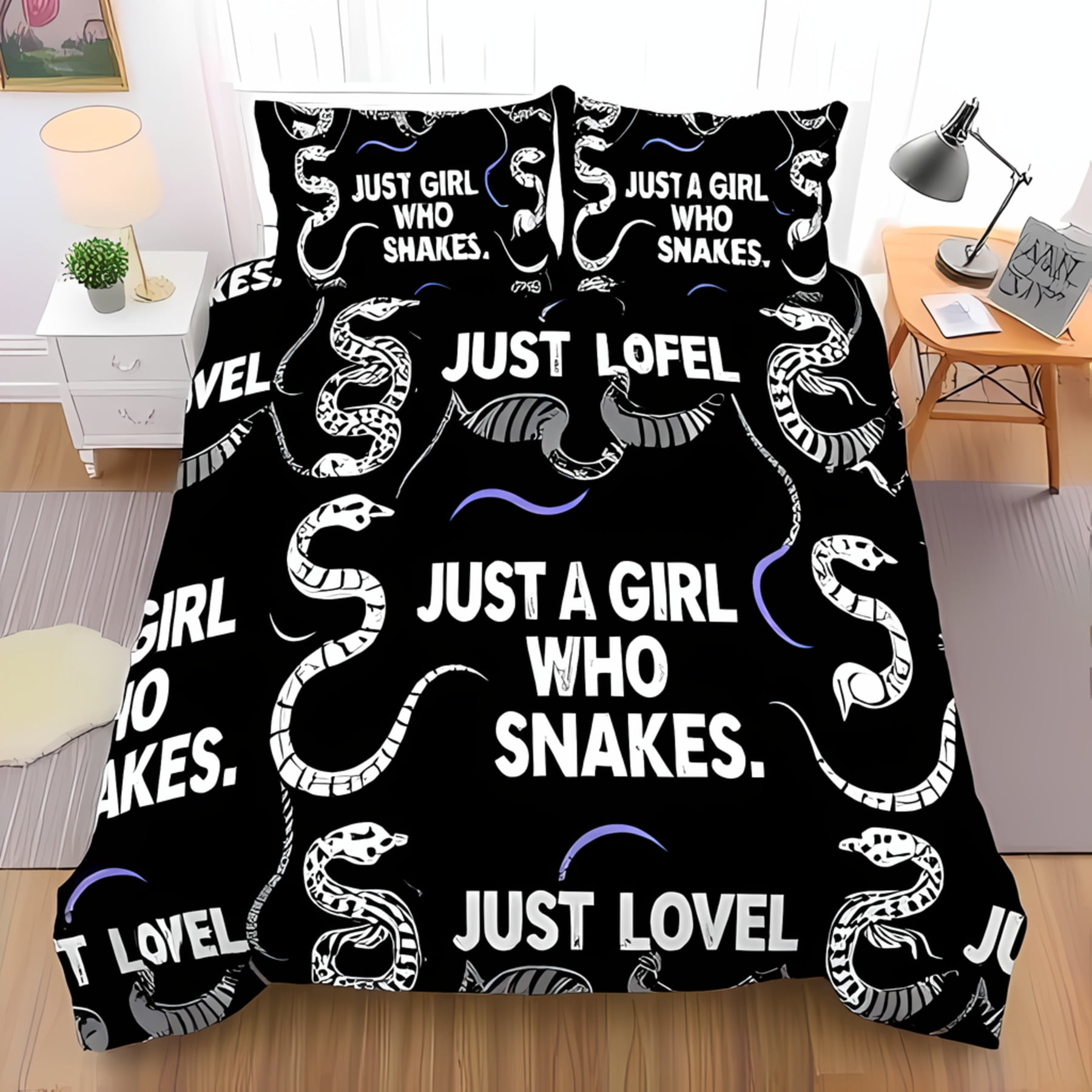 3-Piece Duvet Cover Set - Bold Black Background with White Snake ...