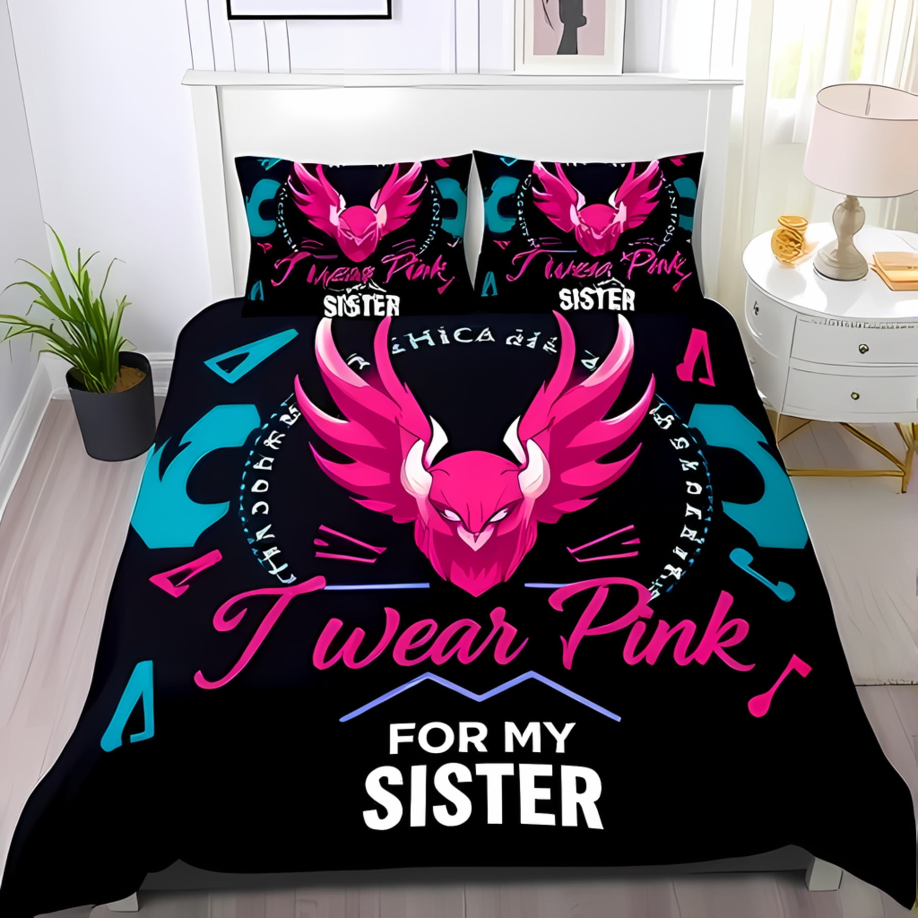 3-Piece Duvet Cover Set - Bold Black Bedding with Pink " I Wear Pink ...