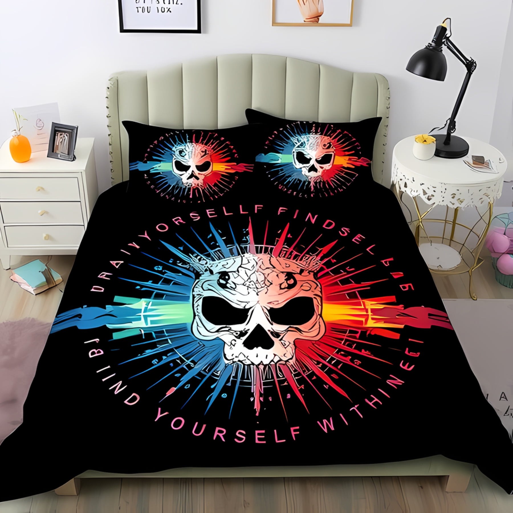 3-Piece Duvet Cover Set - Bold Black Bedding with Vibrant Red & Blue ...