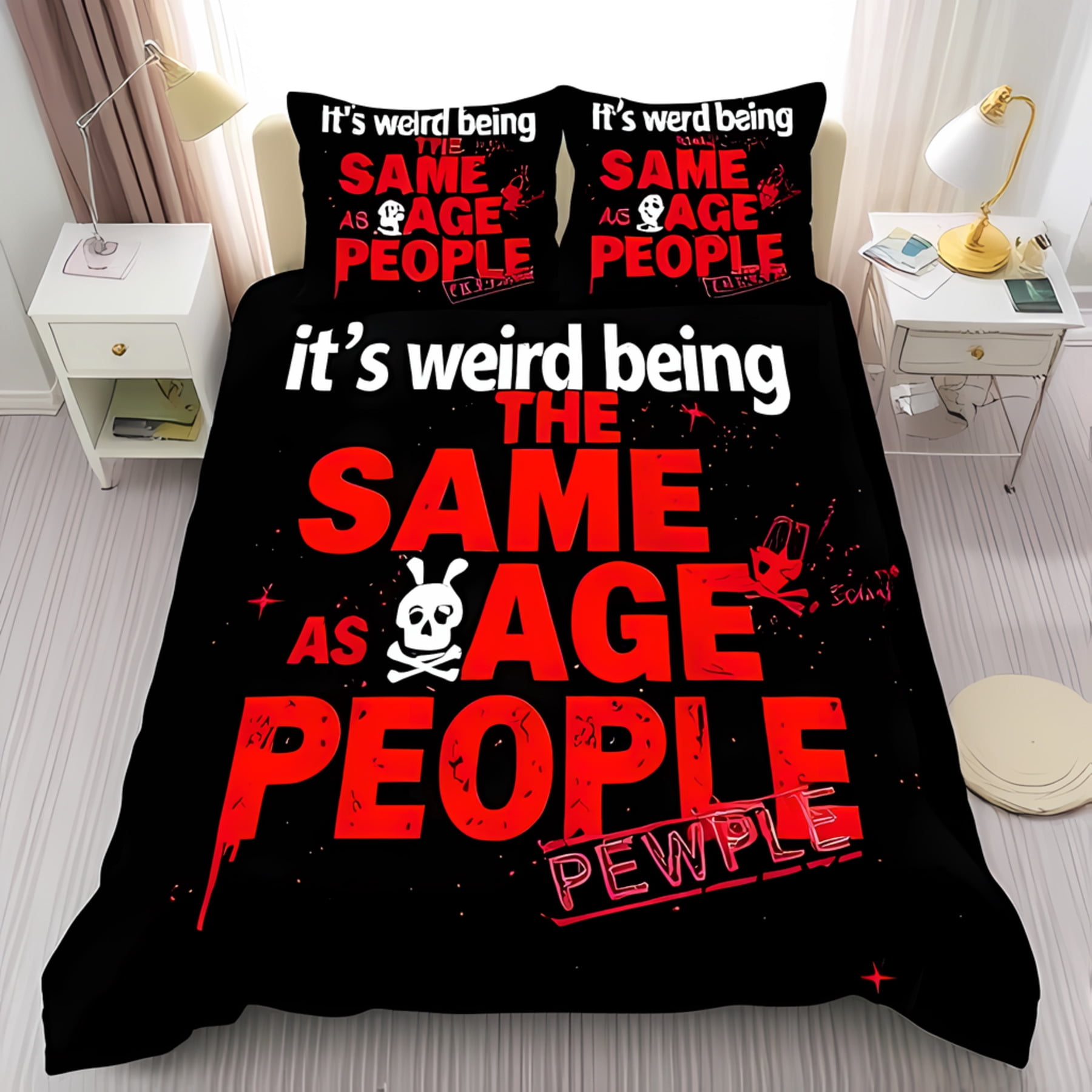 3-Piece Duvet Cover Set - Bold Black Design with Red Text "It's Weird ...