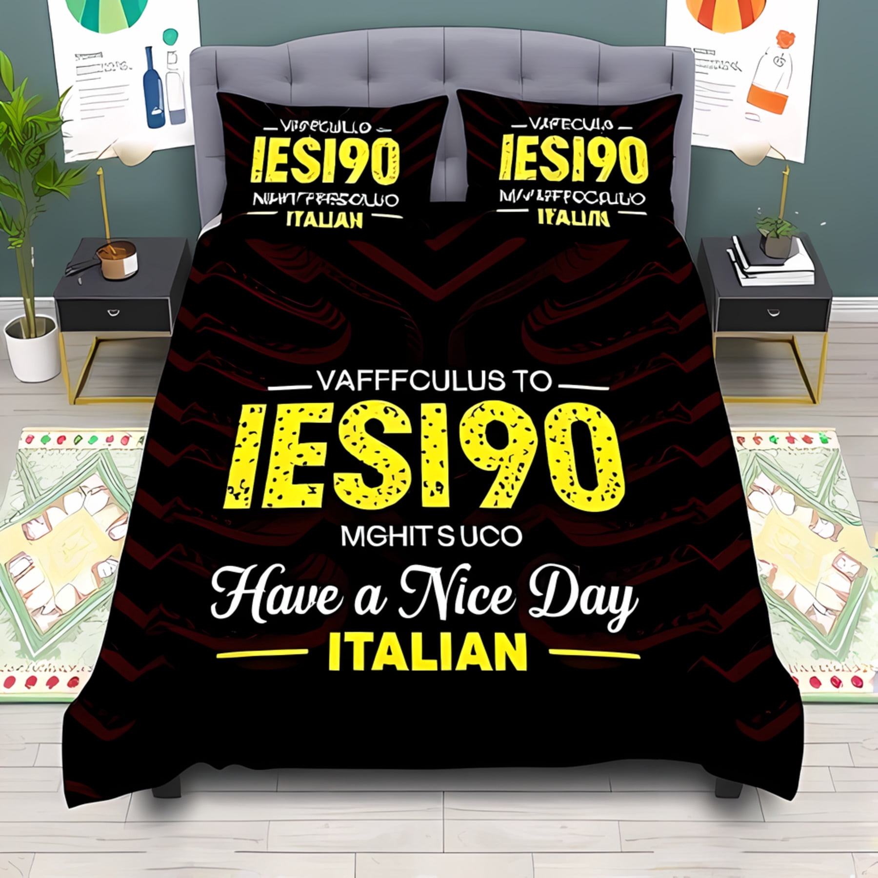 3-Piece Duvet Cover Set - Bold Black Fabric with Playful Text ...