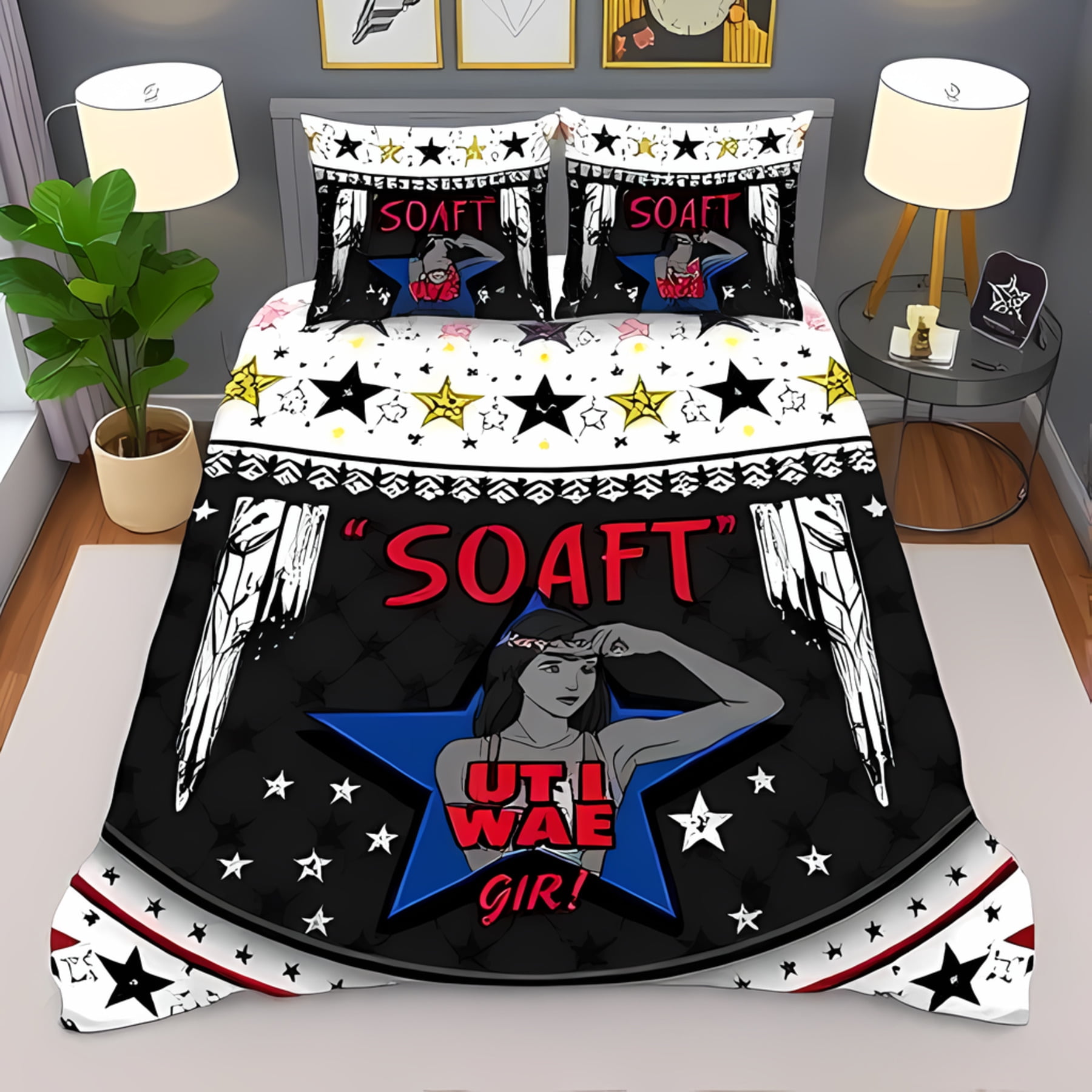 3-Piece Duvet Cover Set - Bold Black & White Design with Blue Star & 'UTI WAE GIRL ' Text Modern ...